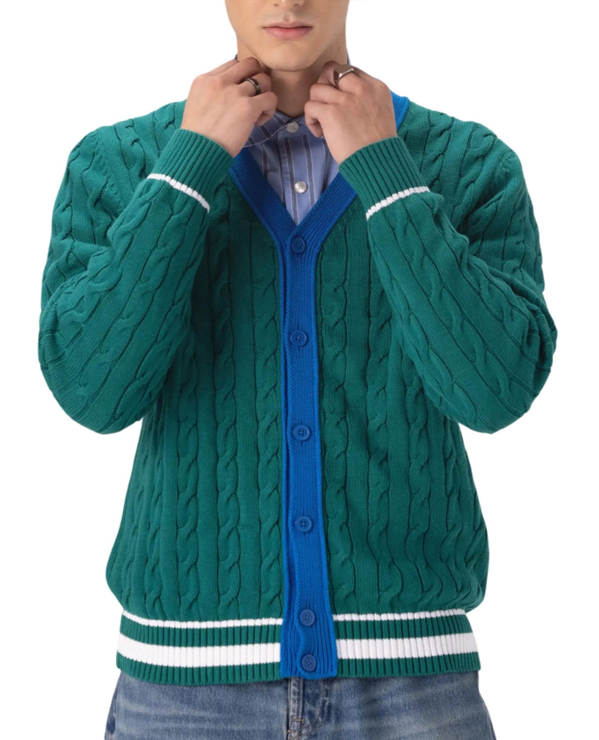 Click here for Members Only Mens Cable Knit Cardigan - Green prices
