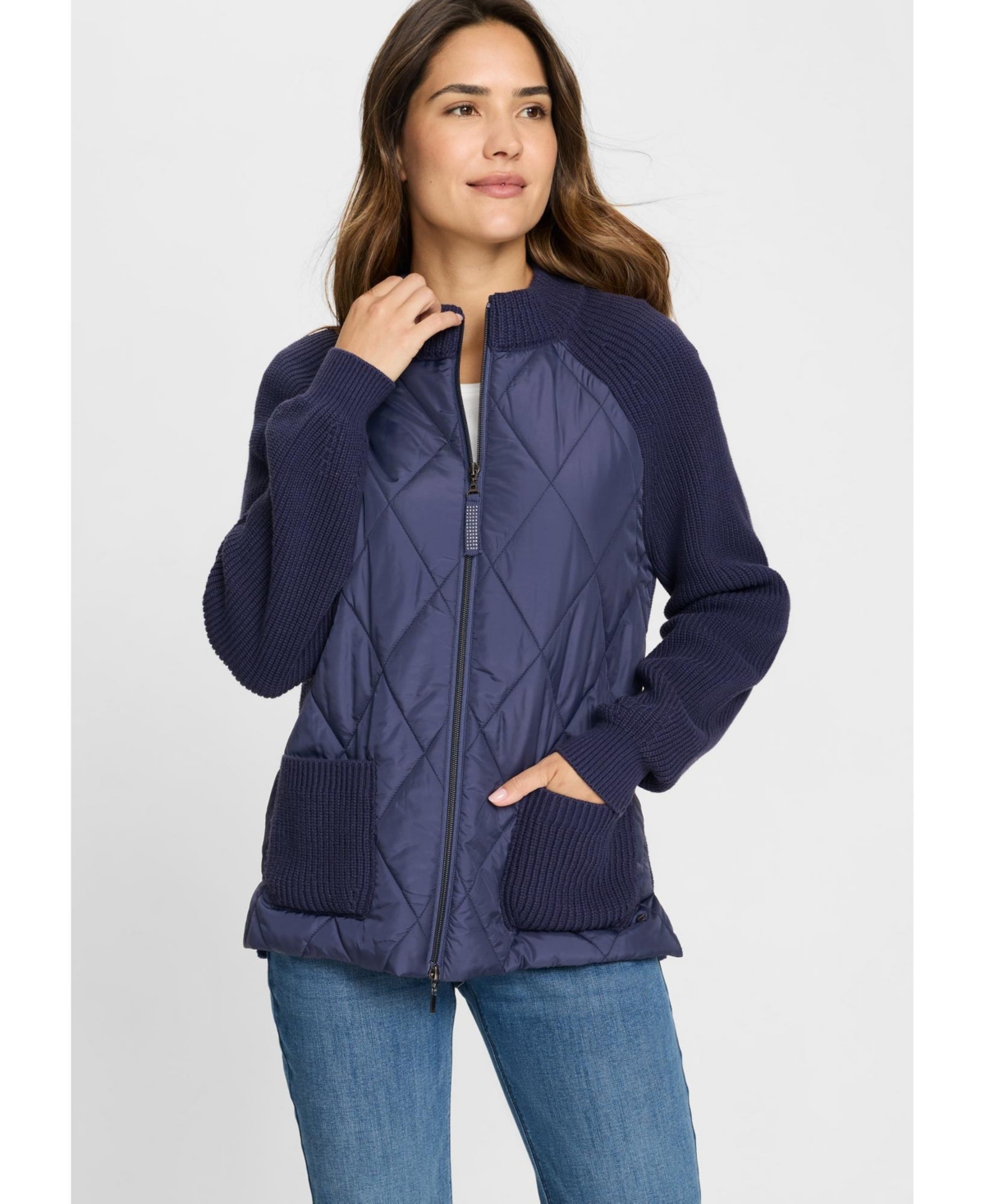 Click here for Olsen Womens Quilted Mixed Media Zip Front Cardiga... prices