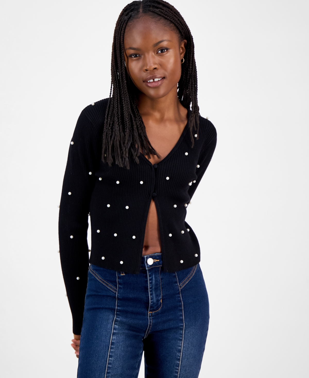 Click here for Madden Girl Juniors Faux-Pearl Ribbed Cardigan - B... prices