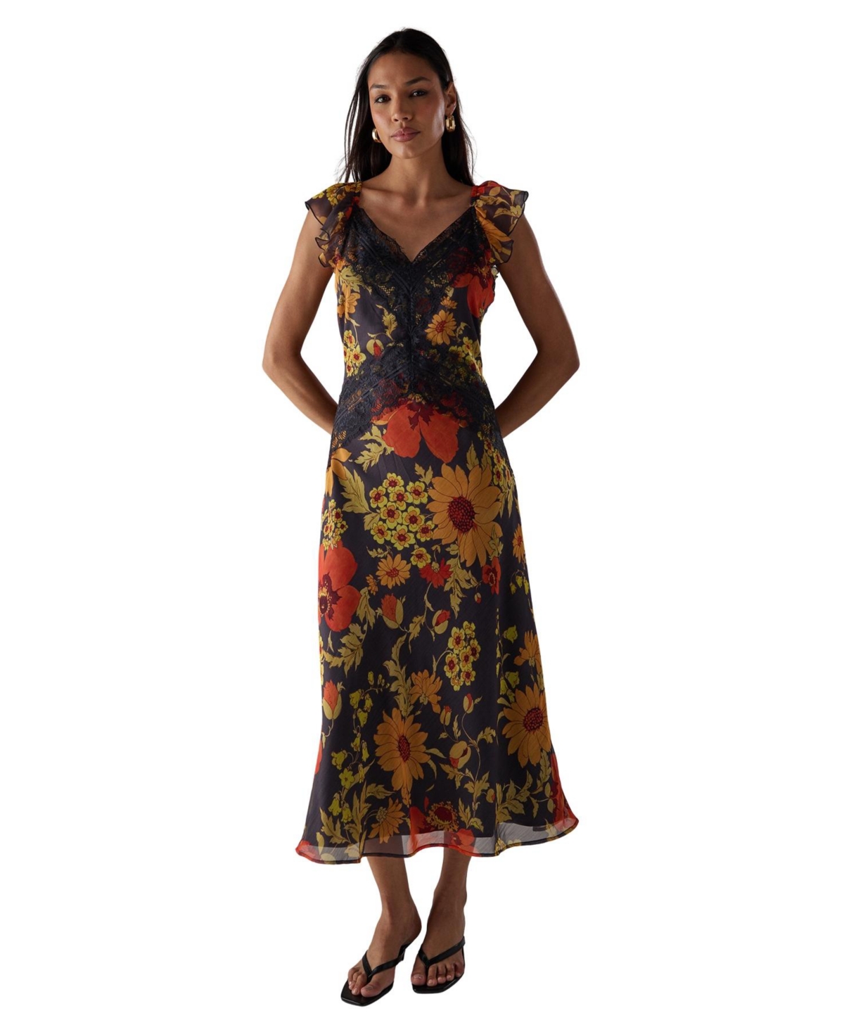 Click here for Warehouse Womens Lace Insert Frill Sleeve Midi Dre... prices