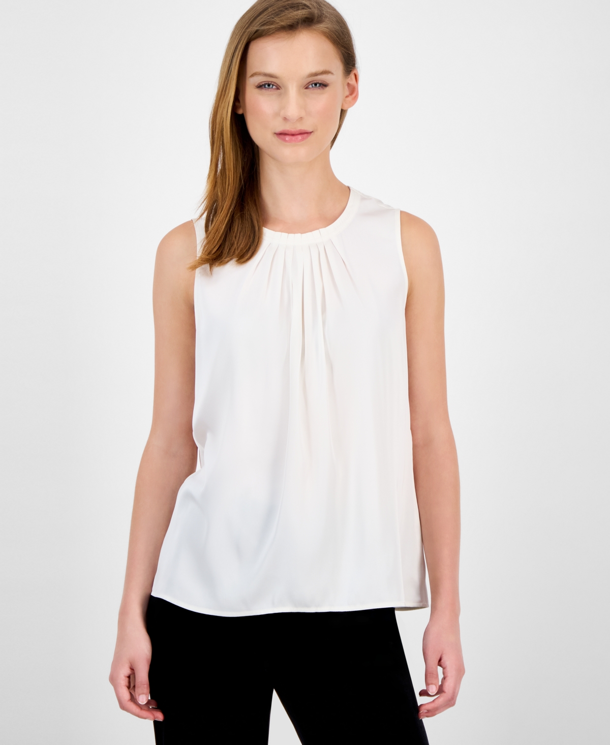 Anne Klein Womens Sleeveless Pleated-Neck Blouse - White Dove