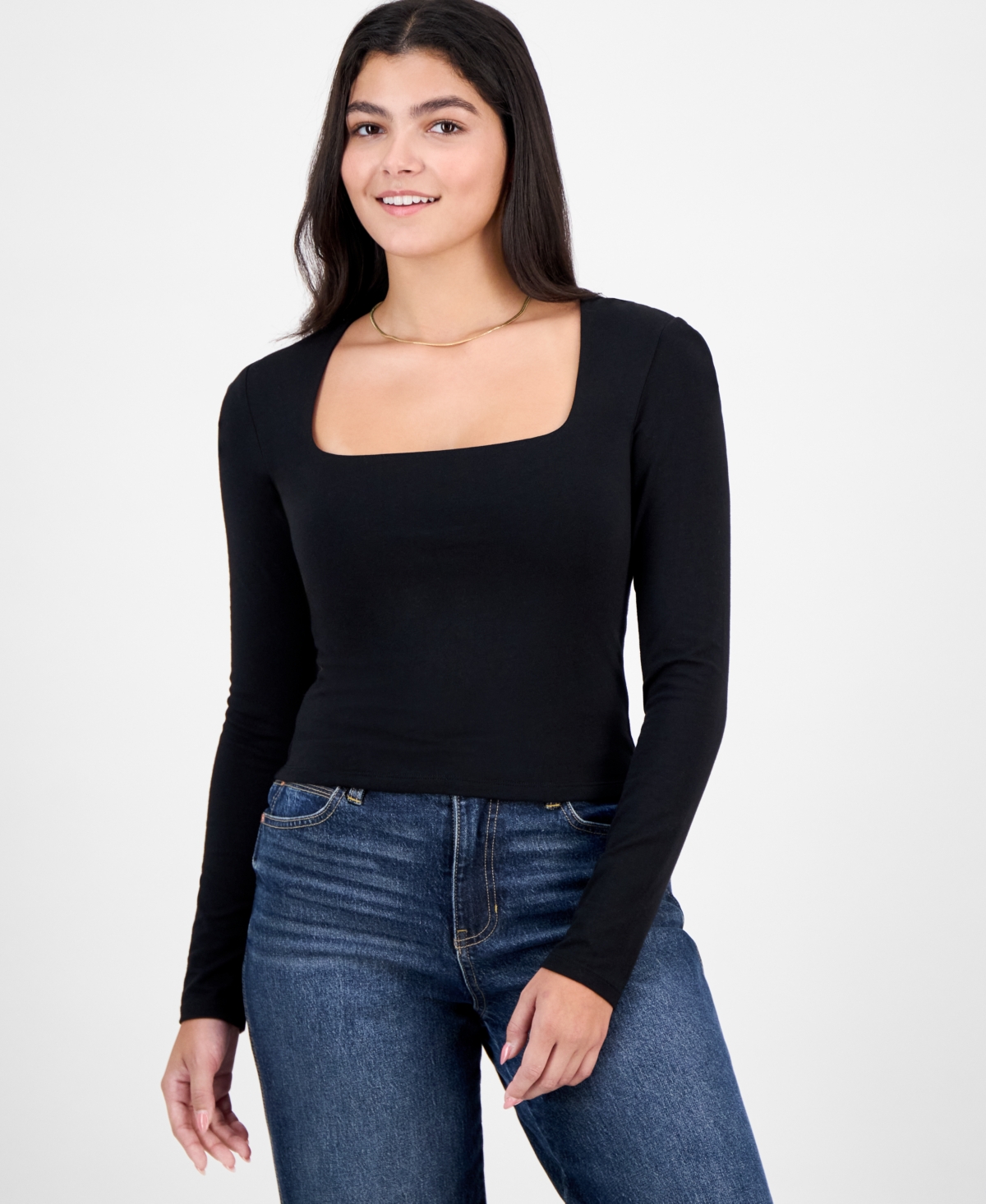 Click here for Pink Rose Juniors Square-Neck Long-Sleeve Knit Top... prices