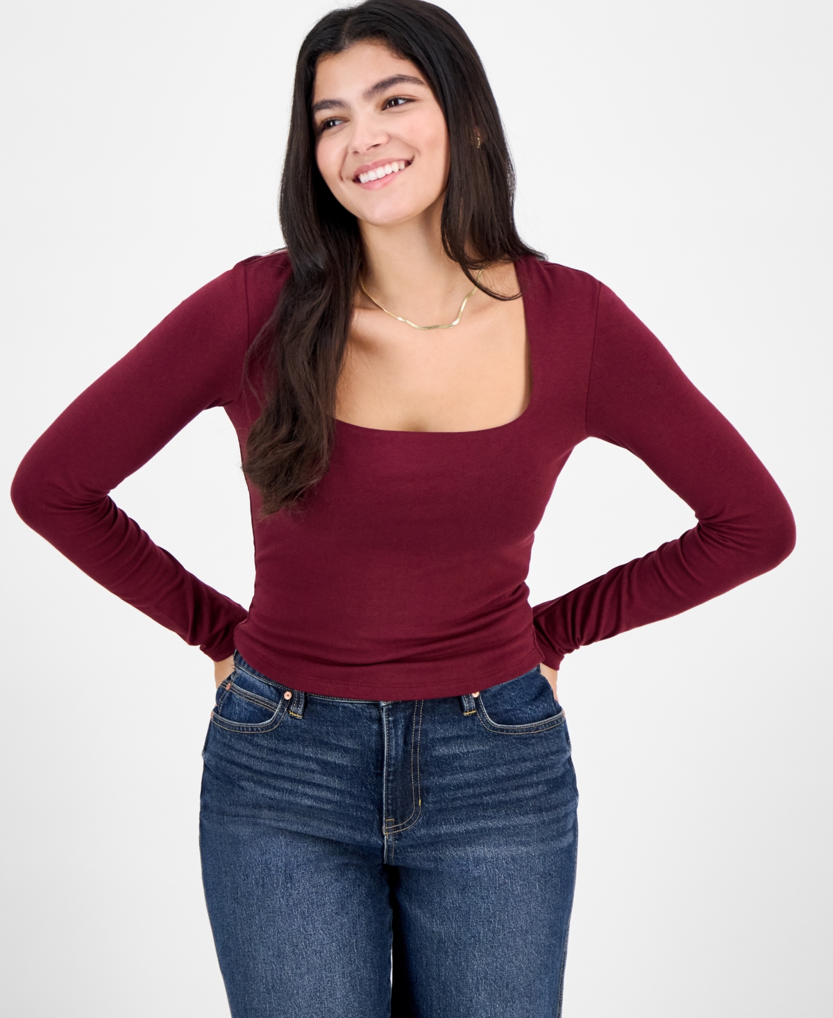 Click here for Pink Rose Juniors Square-Neck Long-Sleeve Knit Top... prices