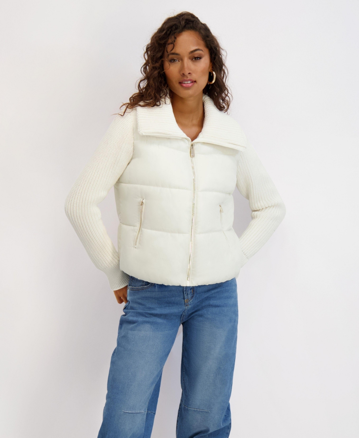 Click here for Kensie Womens Mixed Media Short Puffer with Knit S... prices