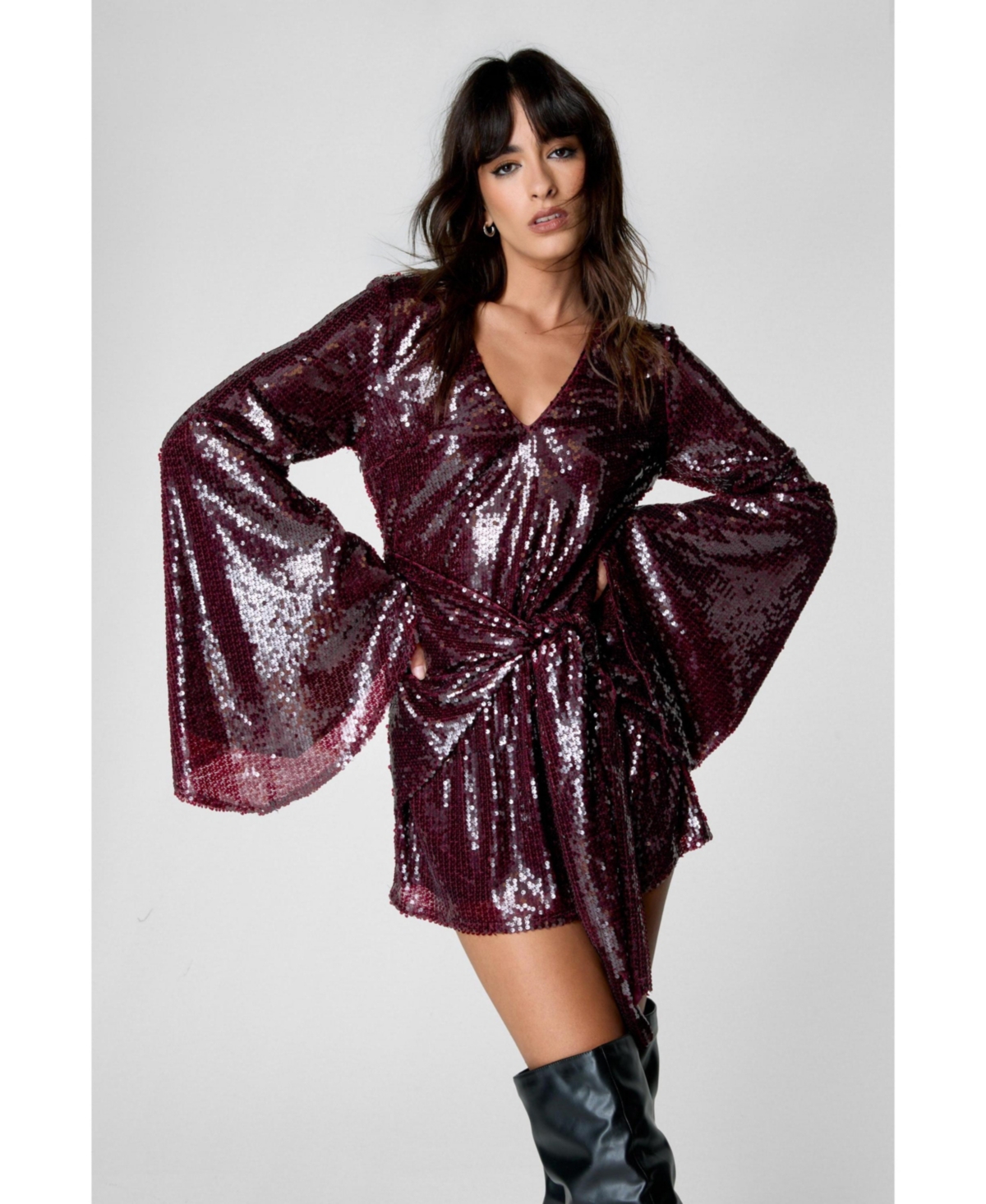 Nasty Gal Womens Flared Sleeve Tie Front Mini Dress - Burgundy
