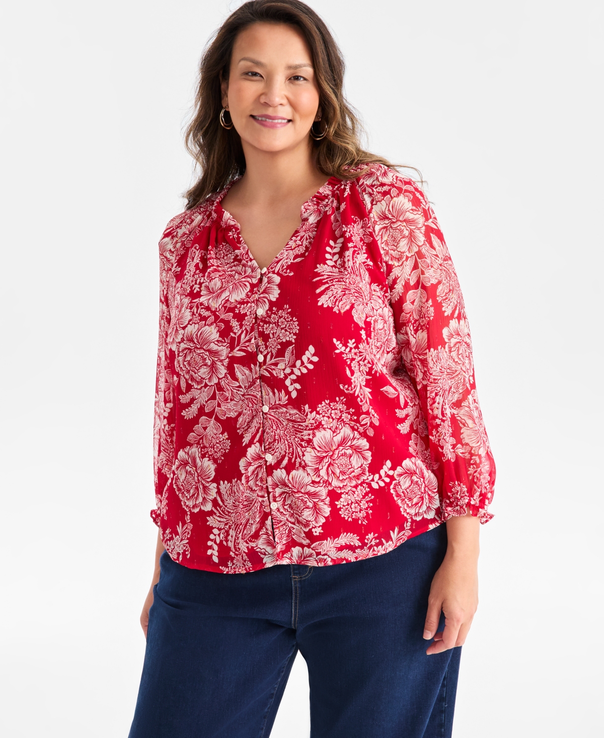 Click here for Style & Co Plus Size Printed Shine Ruffled Top  Ma... prices