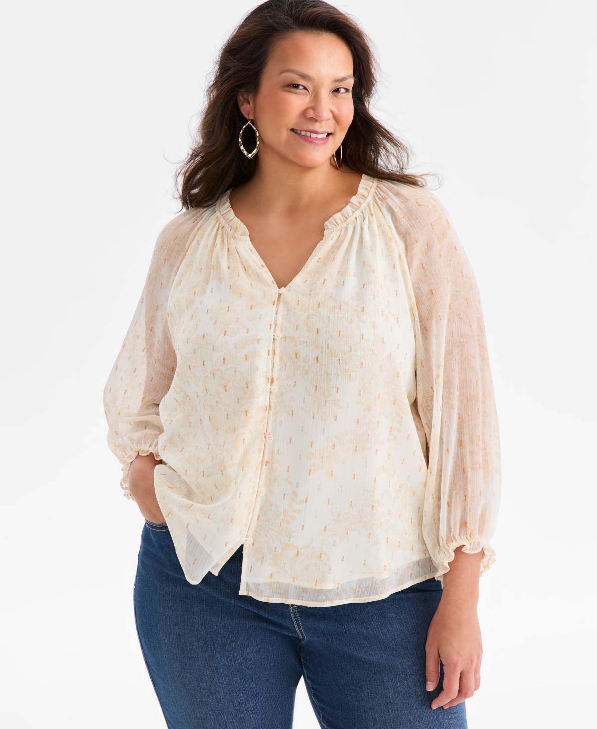 Click here for Style & Co Plus Size Printed Shine Ruffled Top  Ma... prices