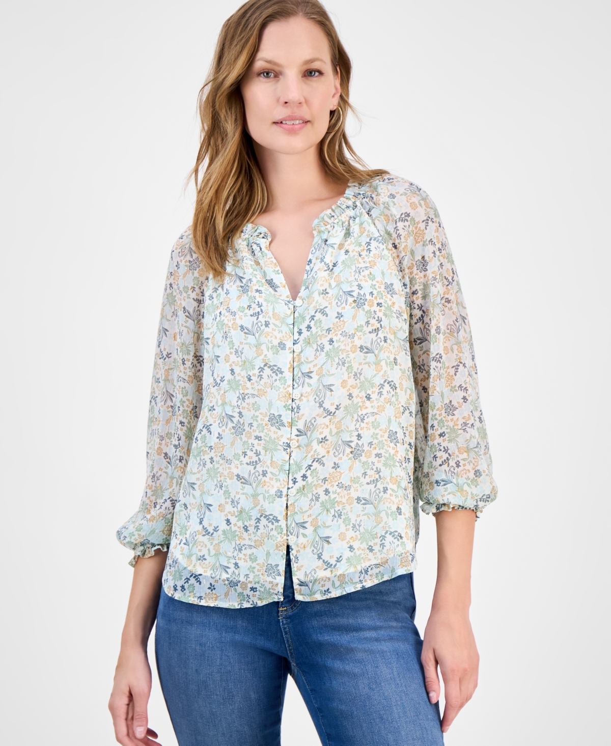 Click here for Style & Co Womens Floral Ruffled Split-Neck Top  M... prices