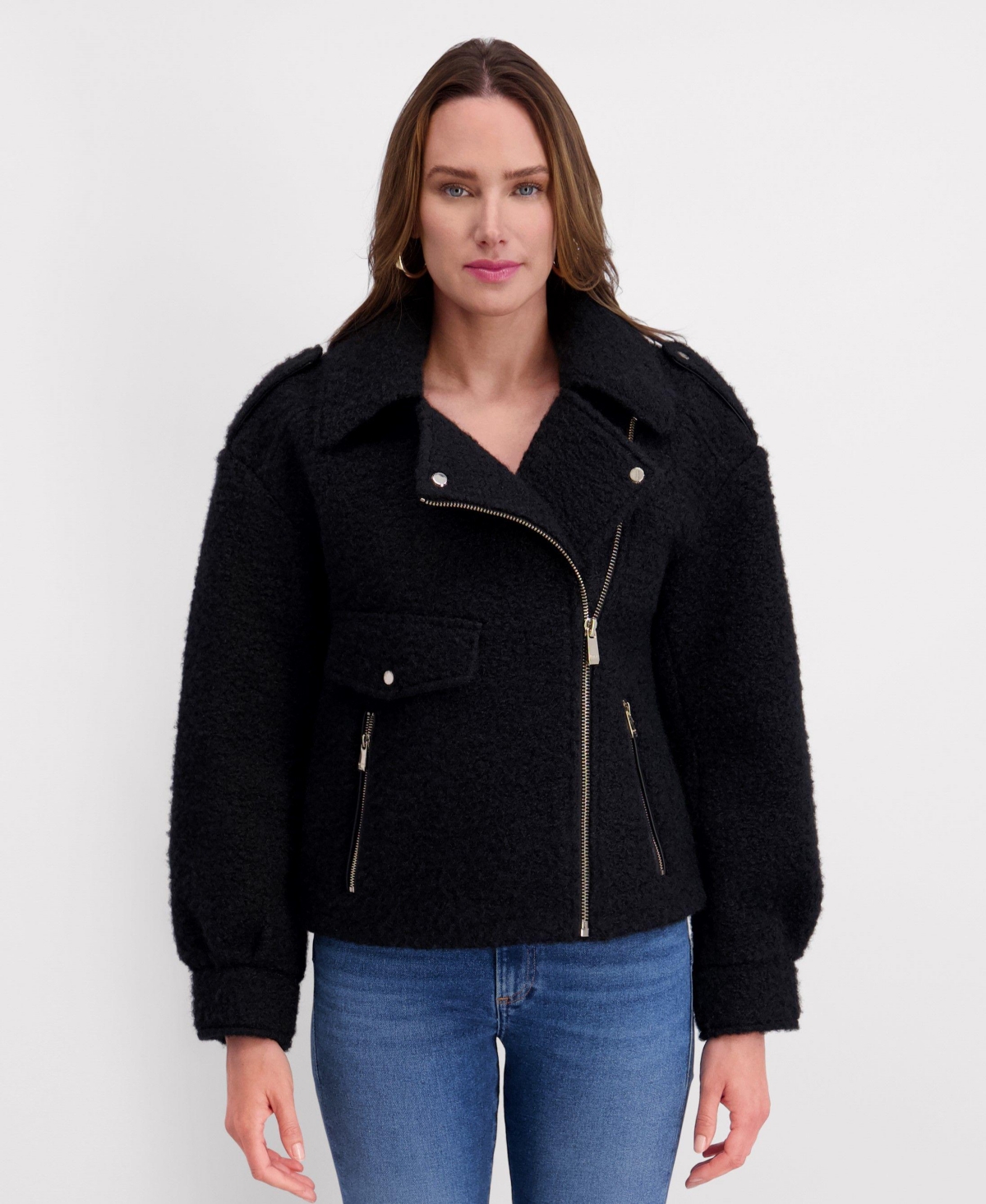 Click here for Kensie Short Boucle Asymmetrical Motorcycle Jacket... prices