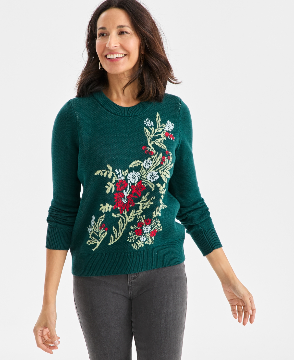 Click here for Style & Co Womens Crewneck Floral Whimsy Pullover... prices