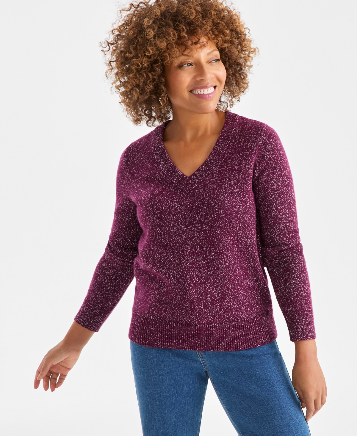 Click here for Style & Co Womens V-Neck Shine Sweater  Macys Excl... prices