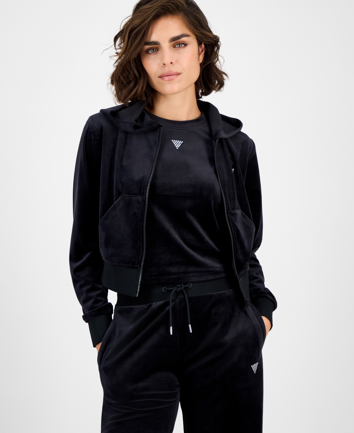 Click here for Guess Womens Couture Cropped Velour Hoodie - Jet B... prices