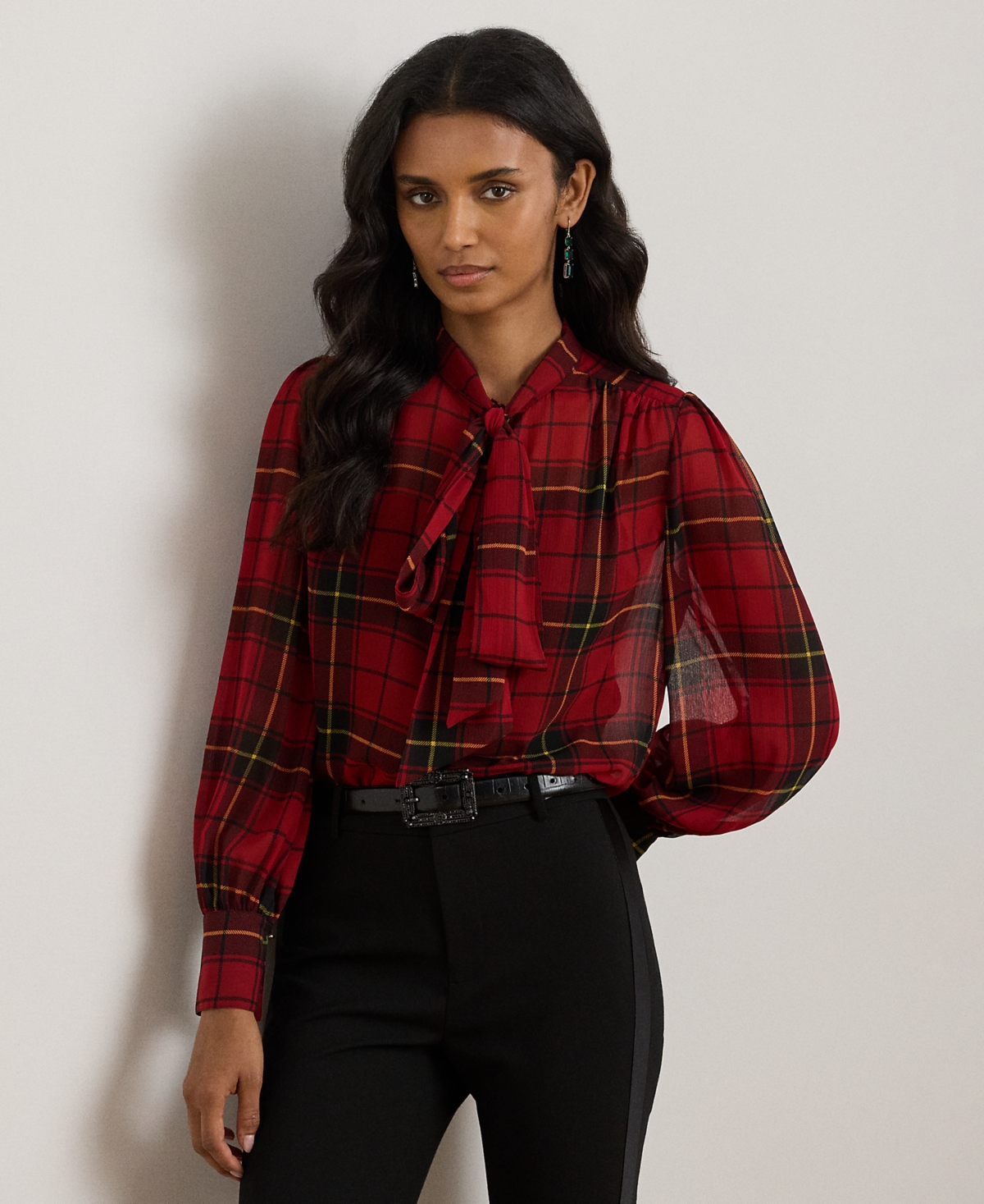Click here for Lauren Ralph Lauren Petite Plaid Print Tie Neck To... prices