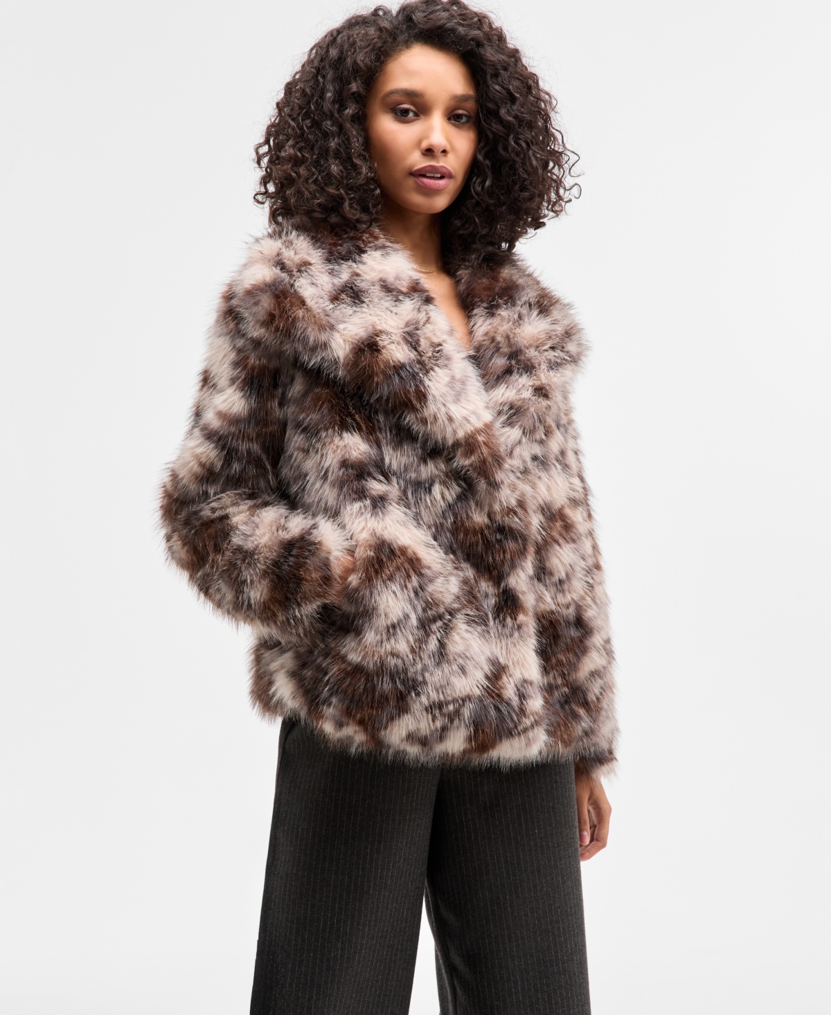 Click here for Bar Iii Womens Calico Faux-Fur Jacket  Macys Exclu... prices