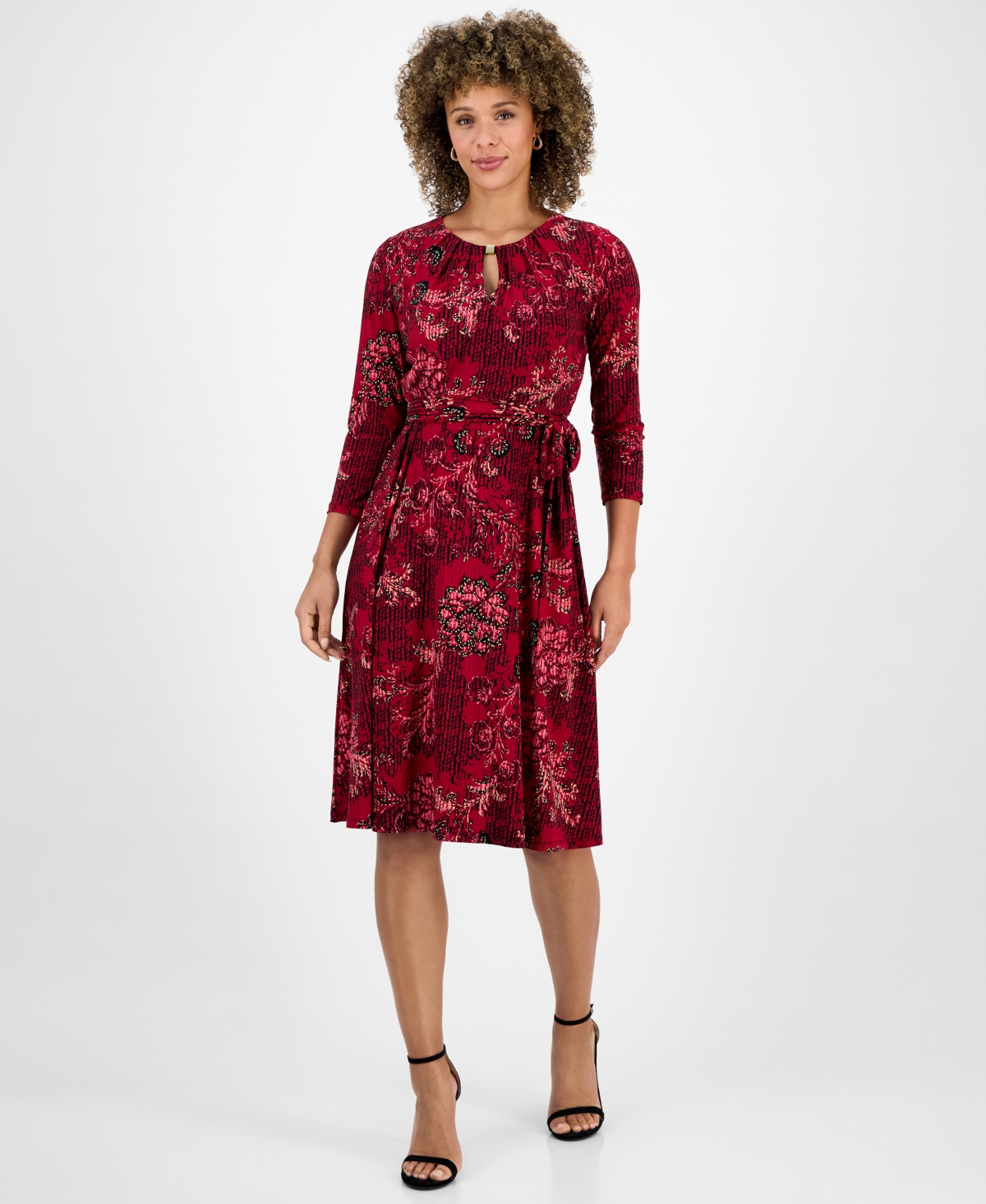 Kasper Womens Printed 3/4-Sleeve Midi Dress - Black Multi