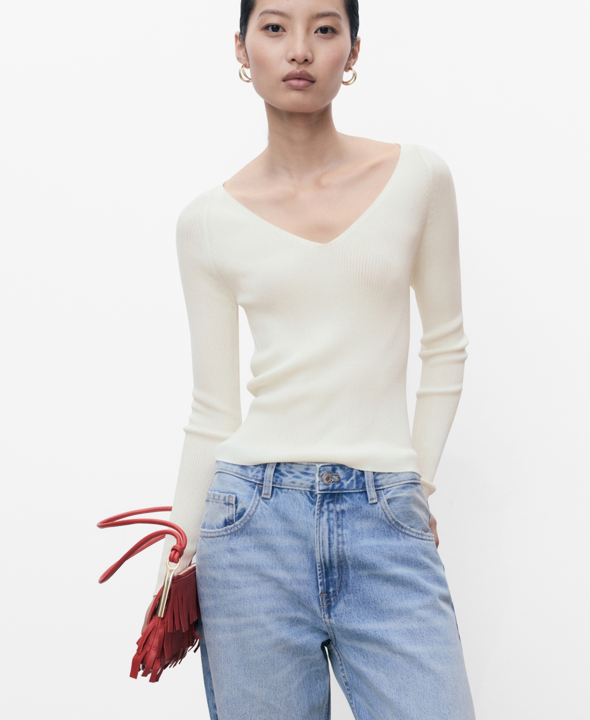 Click here for Mango Womens V-Neck Ribbed Knit Sweater - Ecru prices