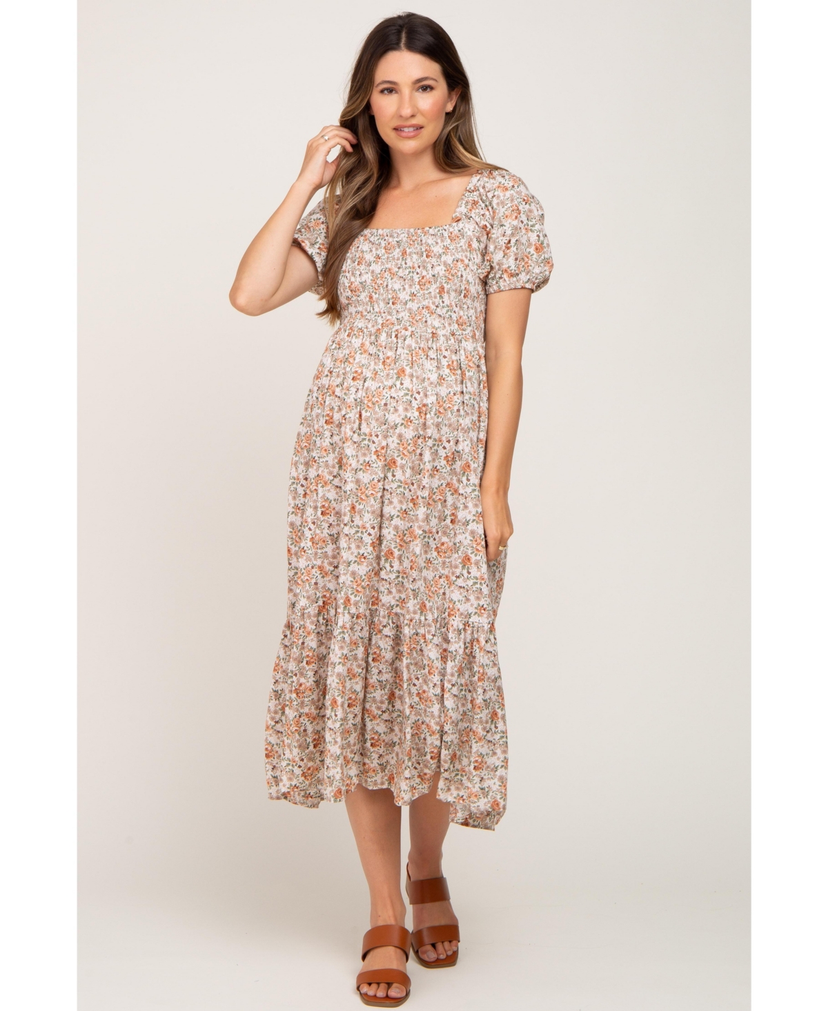 Click here for Pinkblush Maternity Taupe Floral Smocked Puff Slee... prices