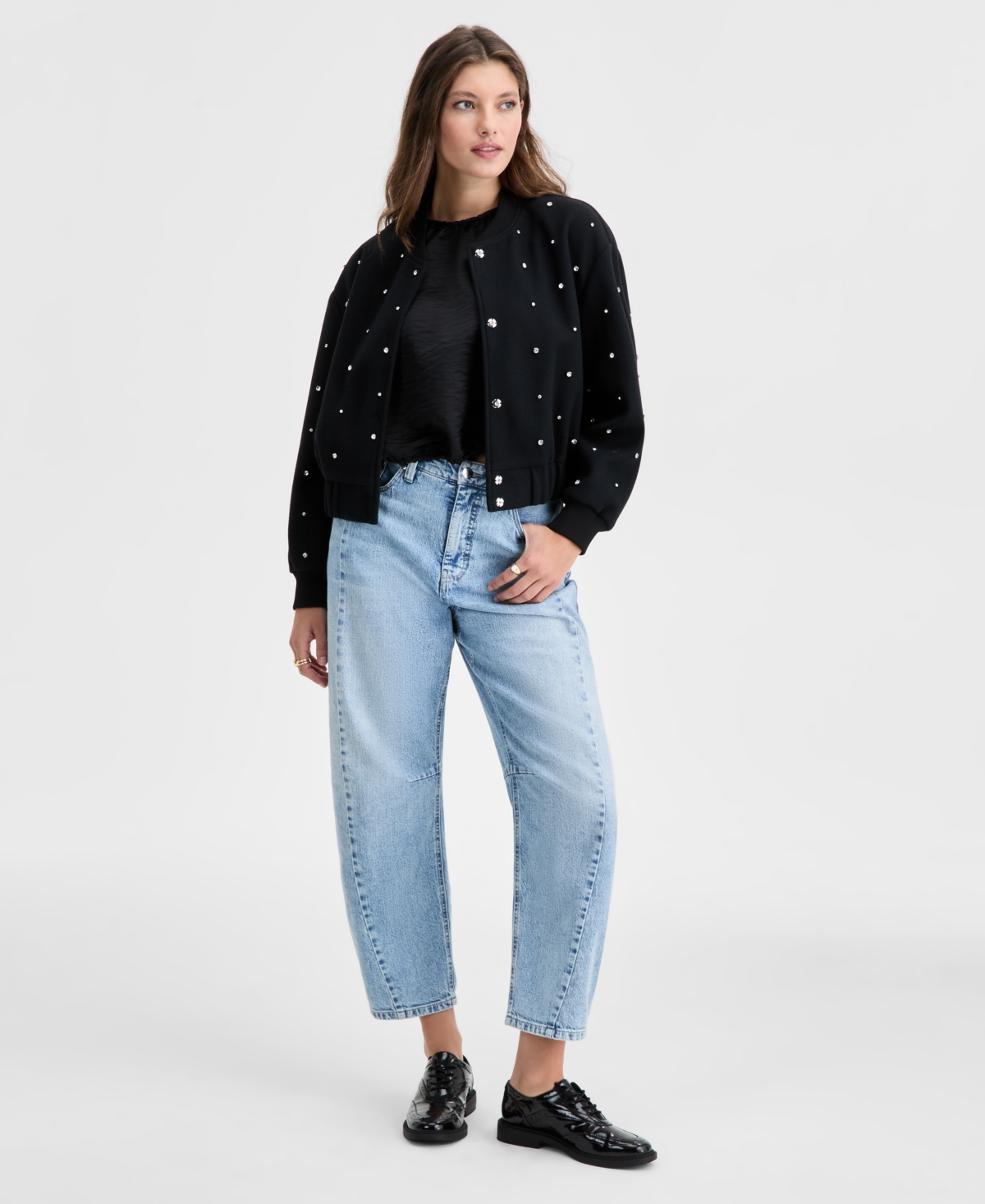 Click here for On 34th Womens Woven Solid Rhinestone Bomber Jacke... prices