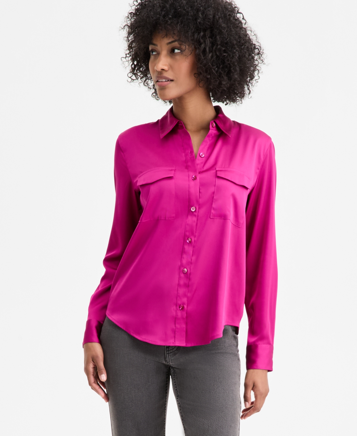Click here for On 34th Womens Button-Front Long-Sleeve Satin Util... prices