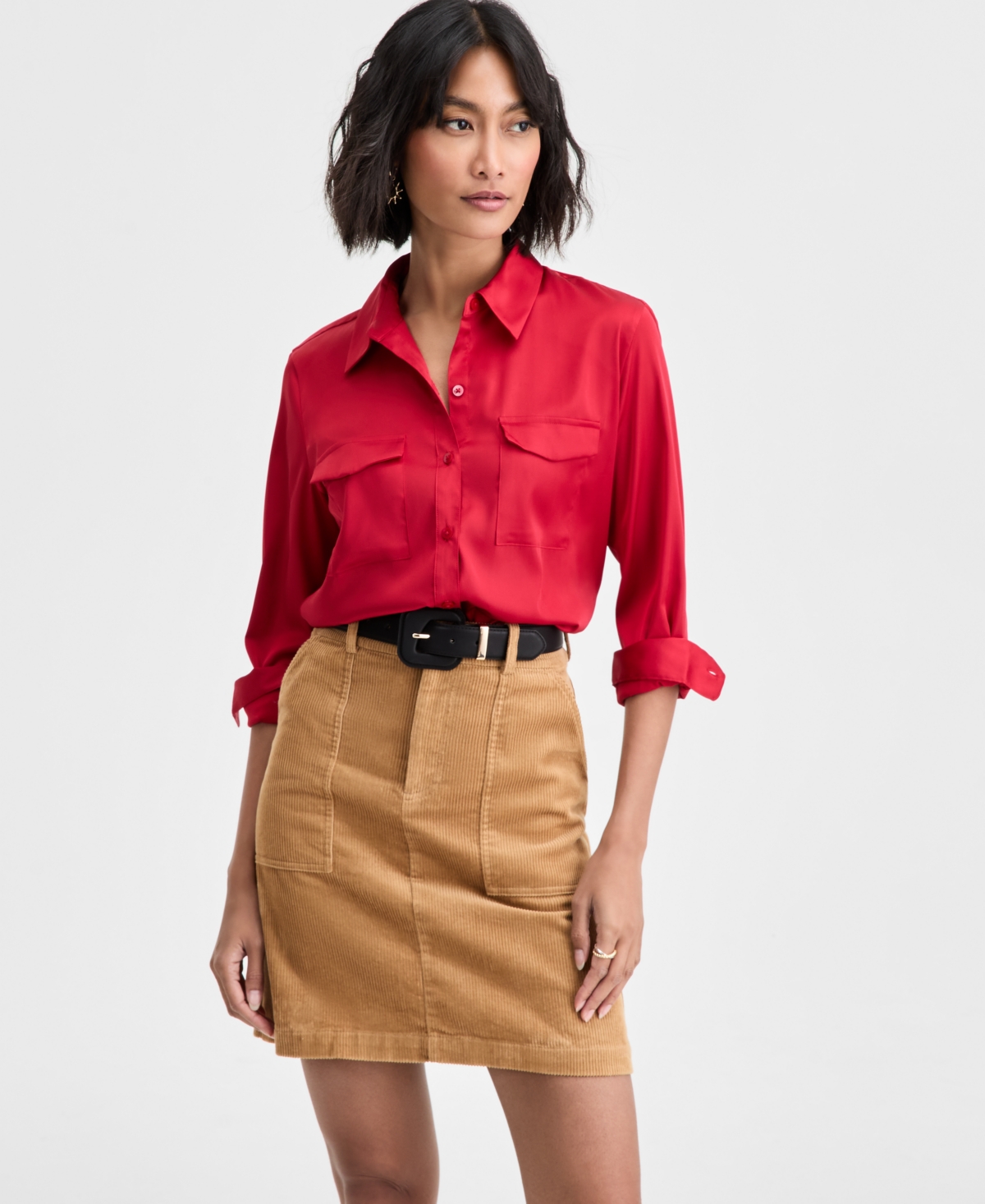 Click here for On 34th Womens Button-Front Long-Sleeve Satin Util... prices