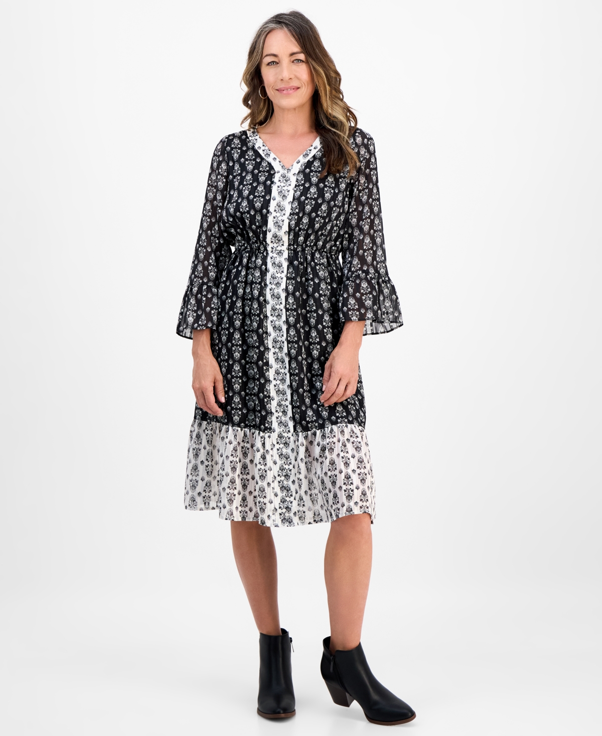 Click here for Style & Co Petite Damask Shine Flutter-Sleeve Dres... prices