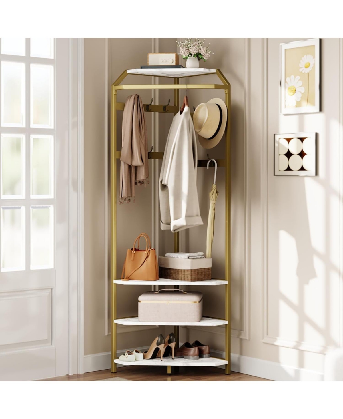 Click here for gaomon Corner Coat Rack With Shoe Bench and 6 Doub... prices