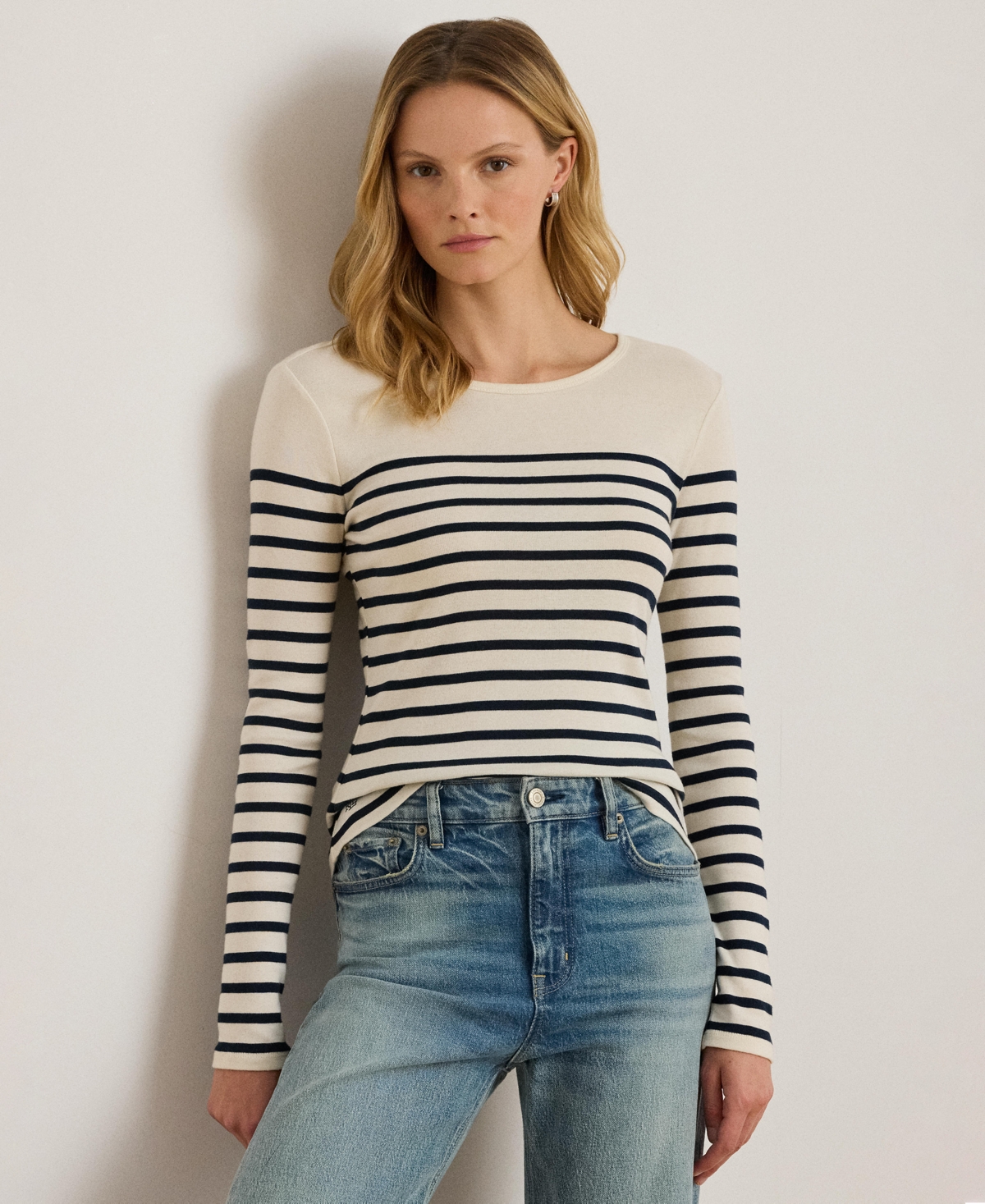 Click here for Lauren Ralph Lauren Womens Striped Cotton Long-Sle... prices