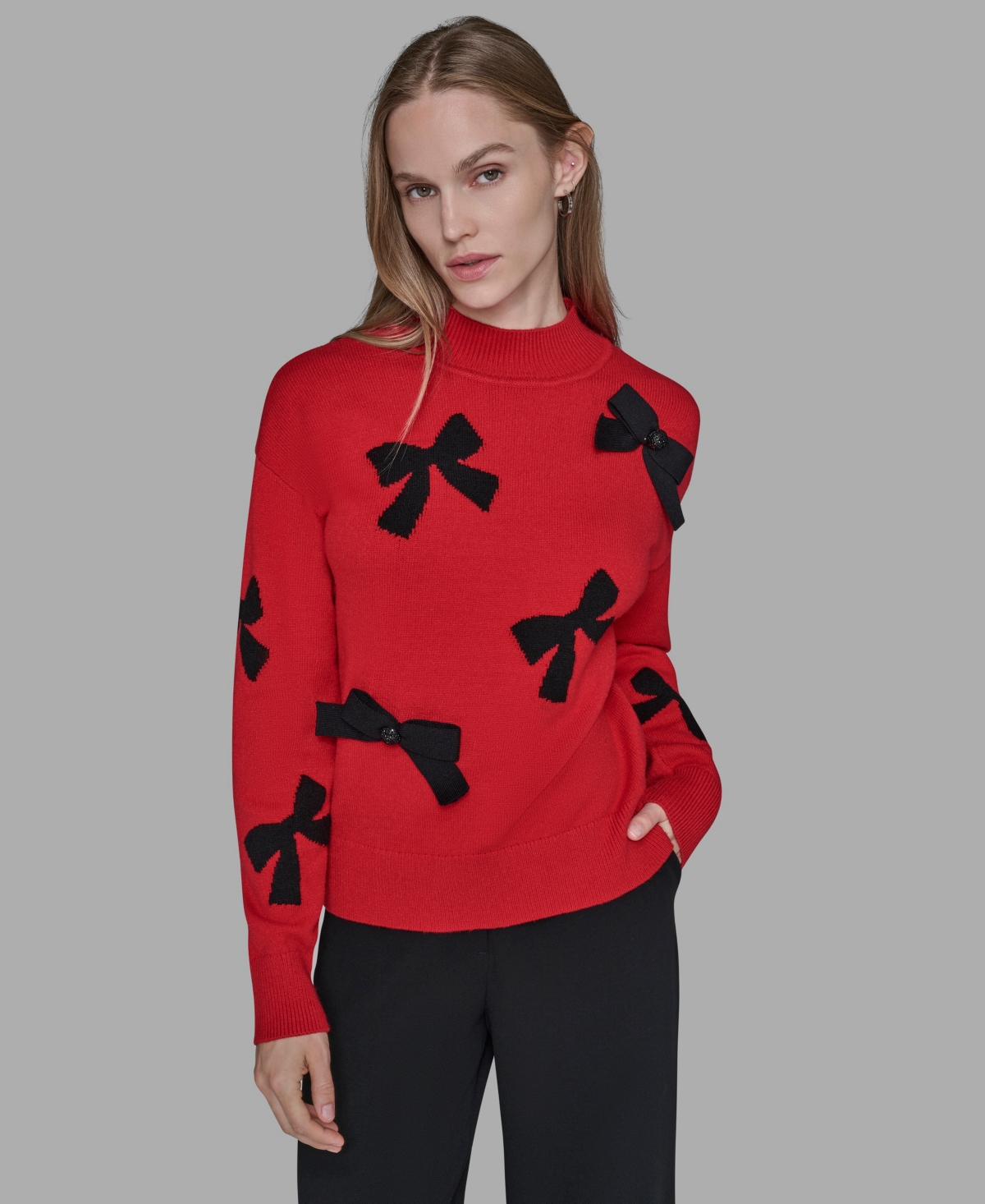 Karl Lagerfeld Paris Womens All-Over Bow Sweater - Admiral Red/Black