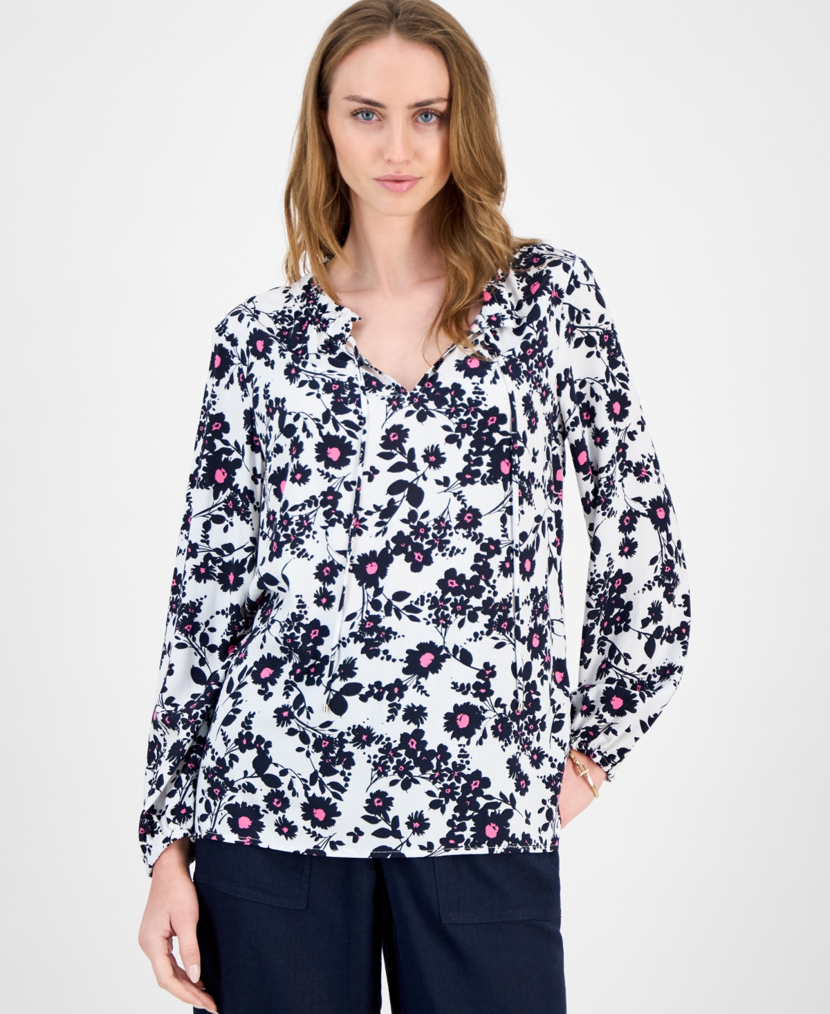 Click here for Tommy Hilfiger Womens Floral Tie-Neck Long-Sleeve... prices