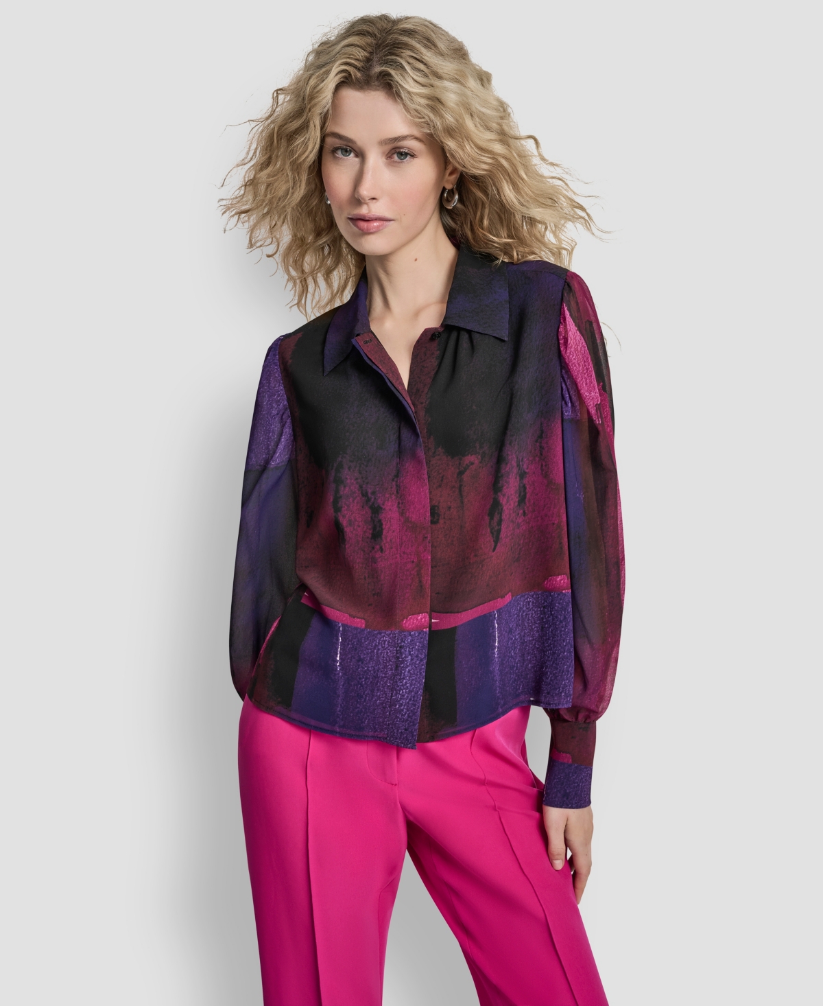 Click here for Dkny Womens Balloon Sleeve Collared Neck Top - Fuc... prices