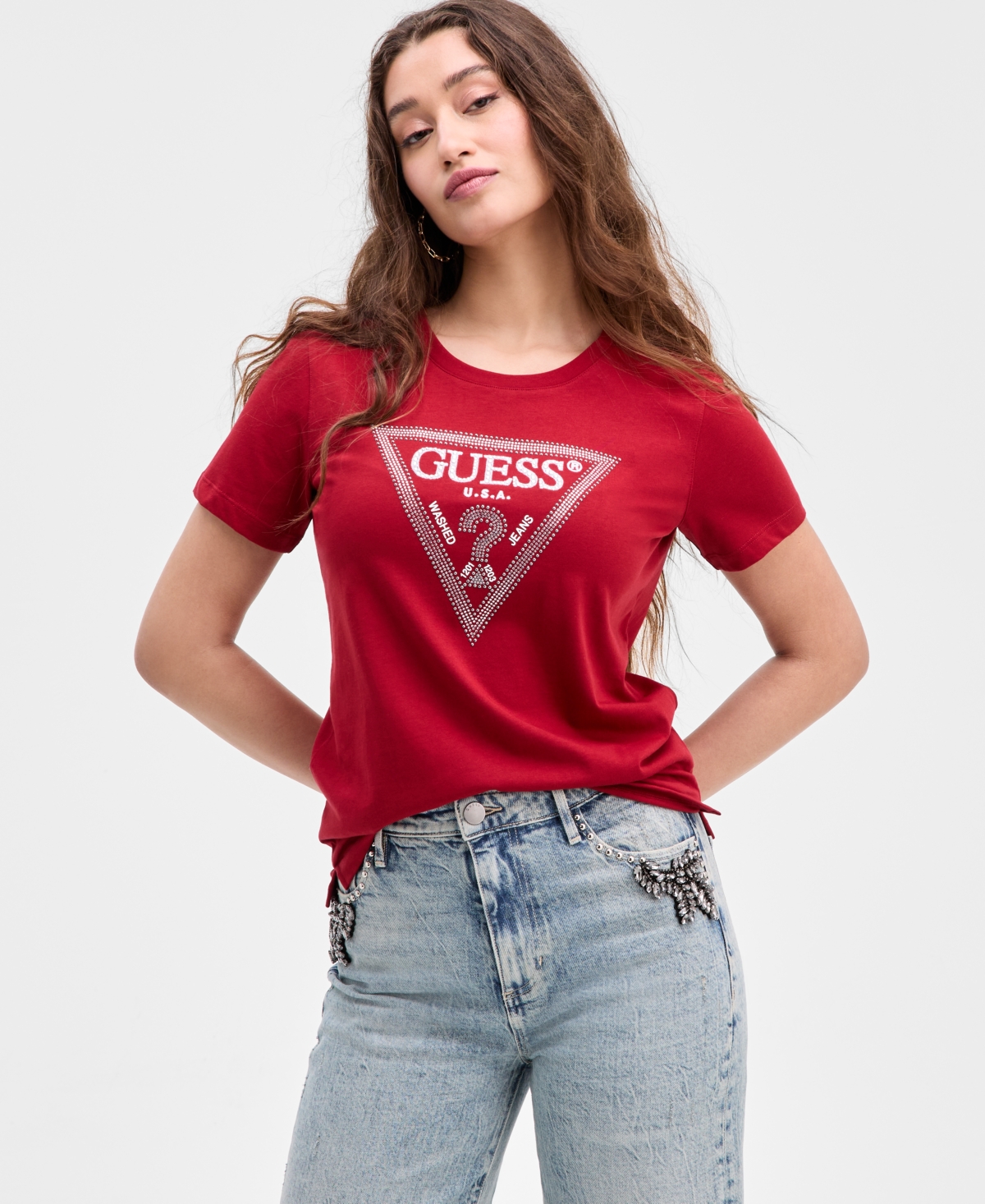 Guess Womens Embellished Triangle Short Sleeve T-Shirt - Siren Red