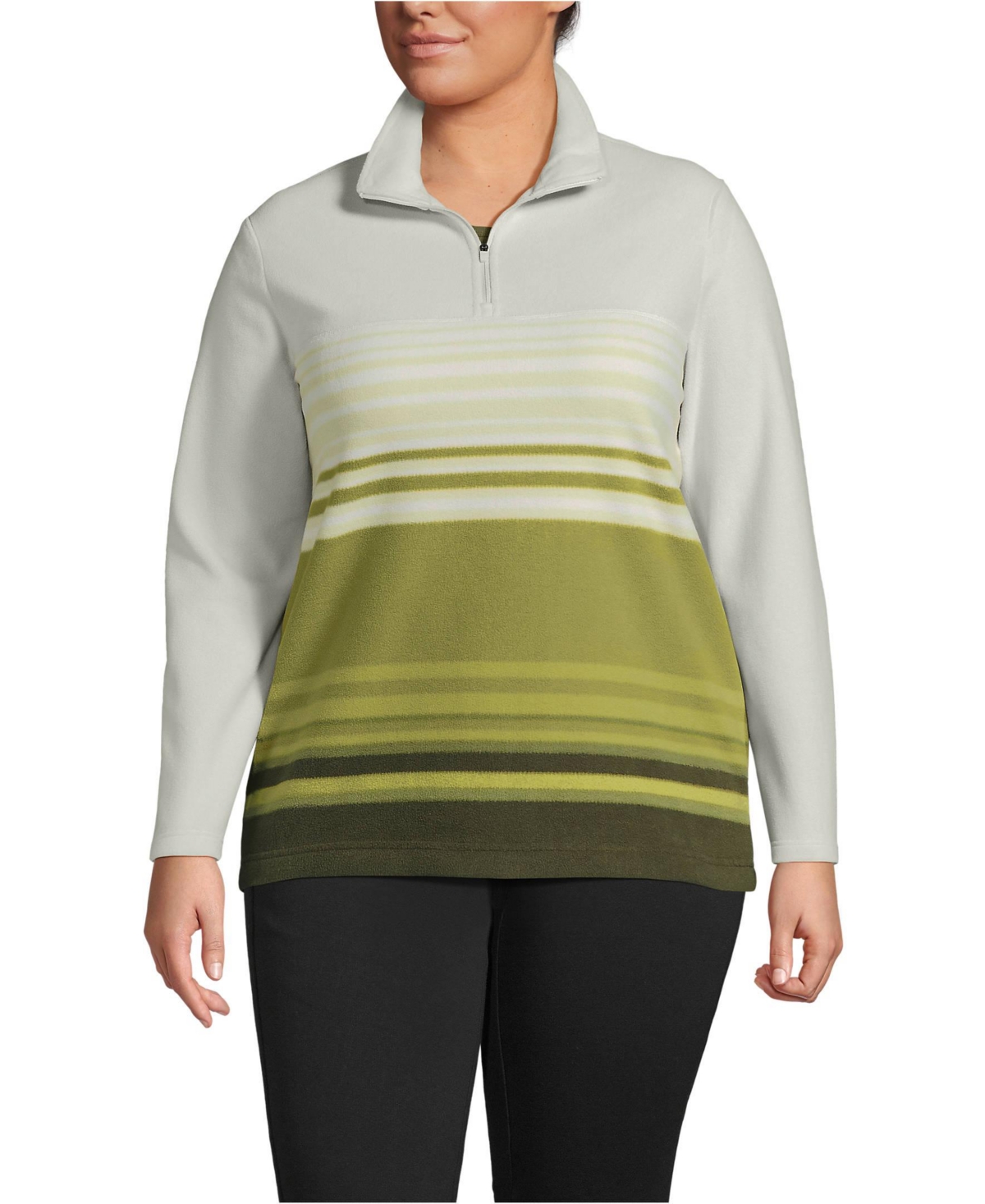 Lands End Plus Size Anyweather Fleece Quarter Zip Pullover - Vintage lime ombre stripe