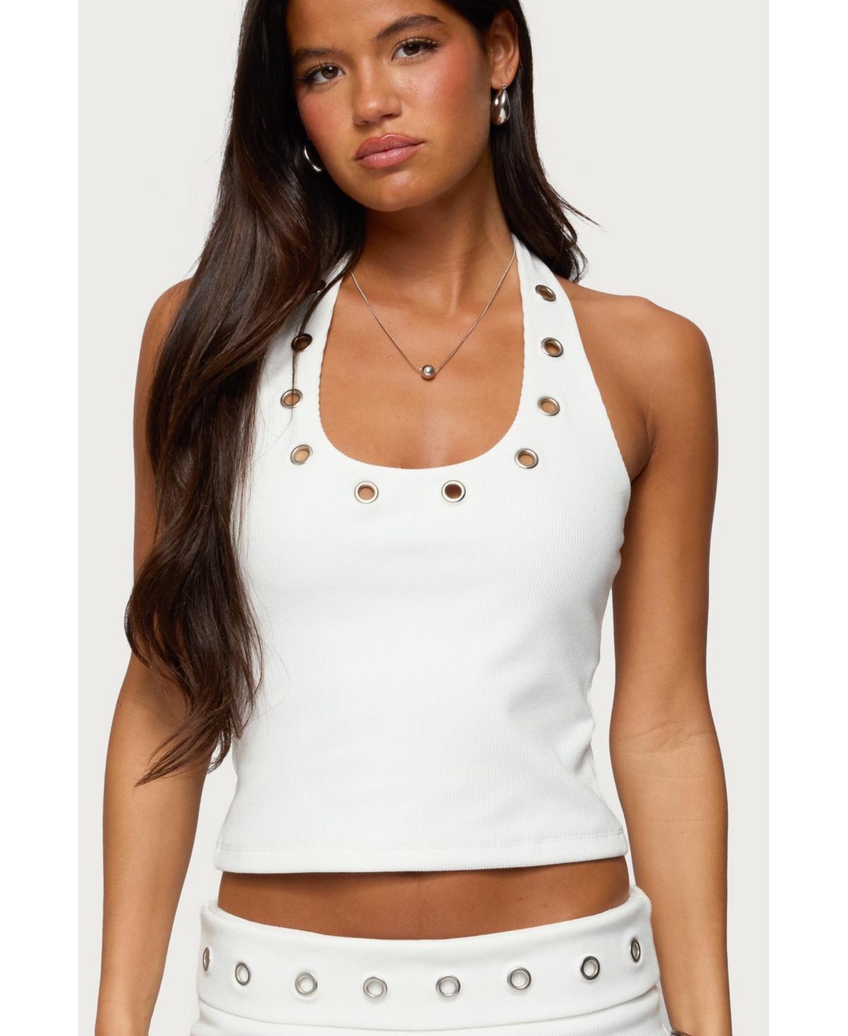 Click here for Edikted Womens Havana Grommet Ribbed Halter Top -... prices