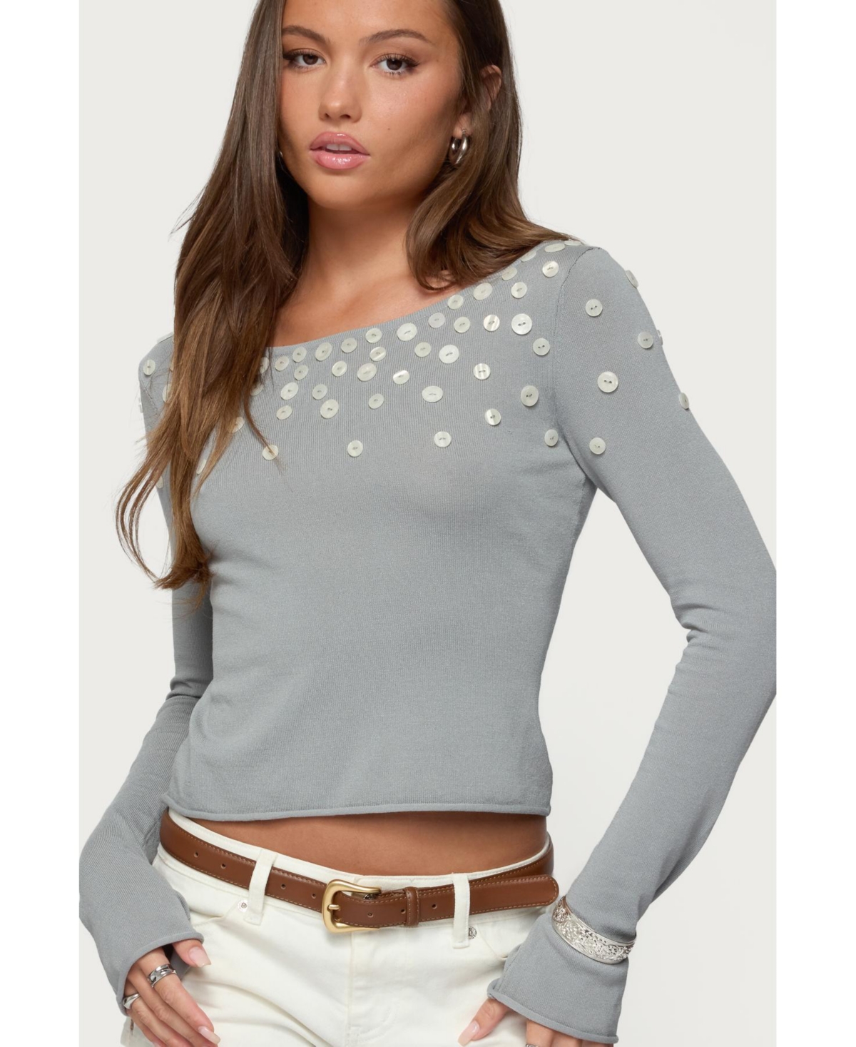 Click here for Edikted Womens Iridescent Button Boat Neck Top - L... prices