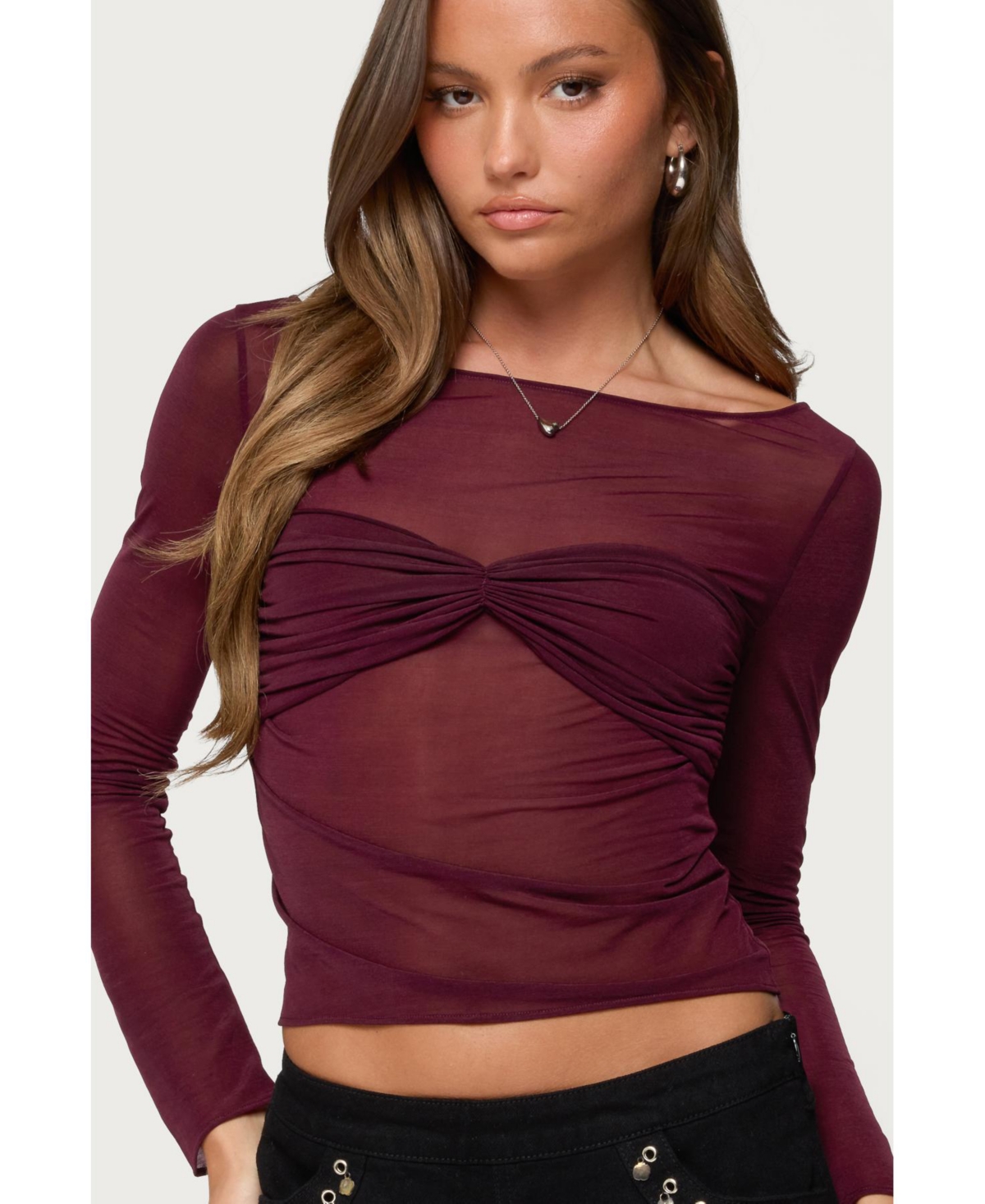 Click here for Edikted Womens Oona Sheer Gathered Long Sleeve Top... prices