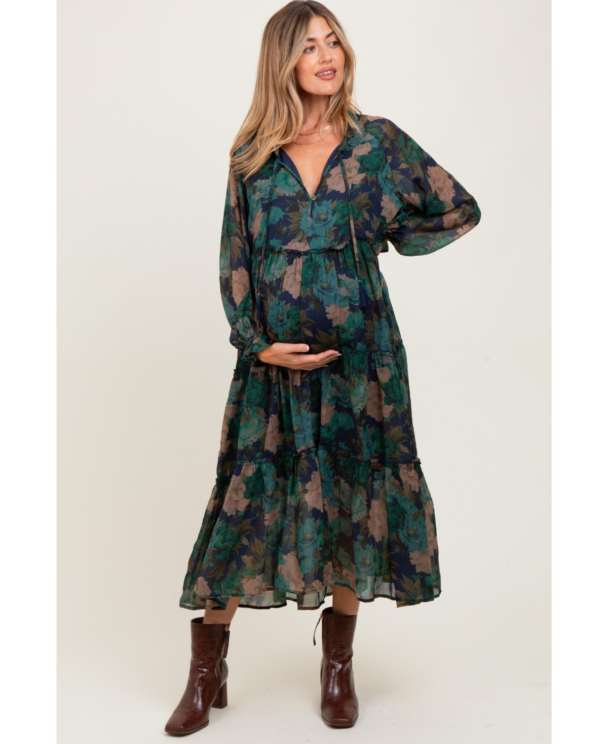 Click here for Pinkblush Maternity Navy Floral Chiffon Ruffle Tie... prices