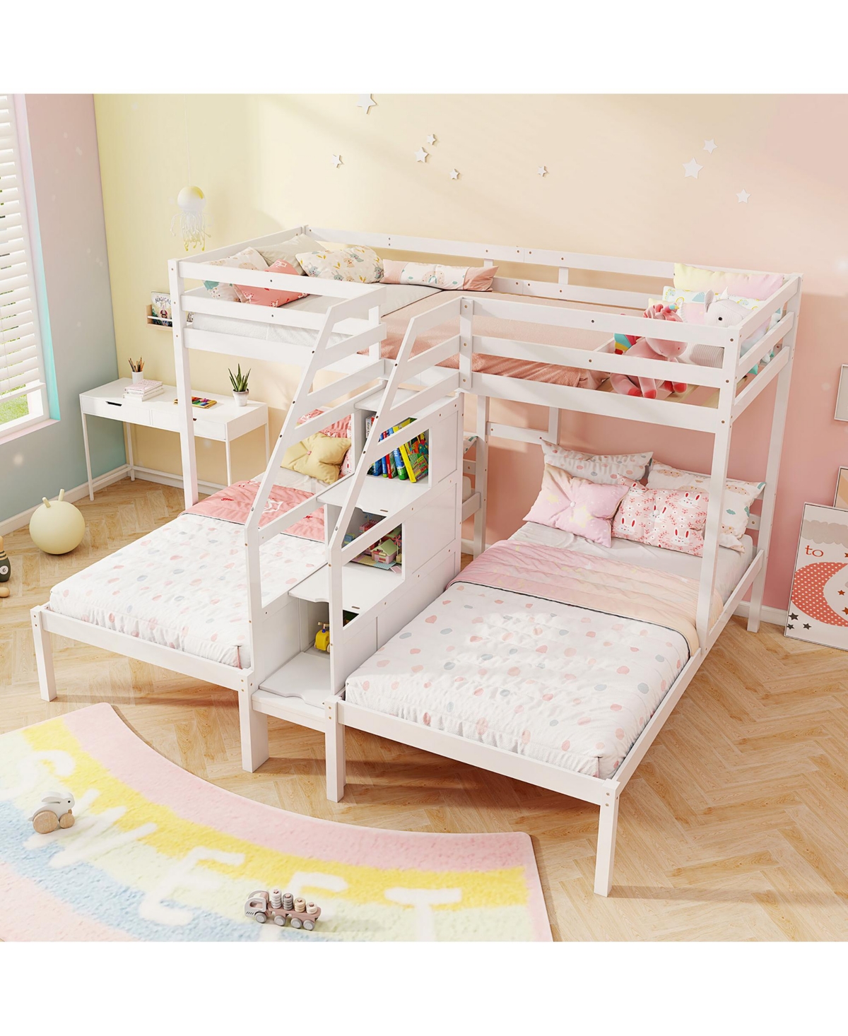 Click here for Gymax Wooden Twin Over Twin & Twin Bunk Bed w/ 4-S... prices