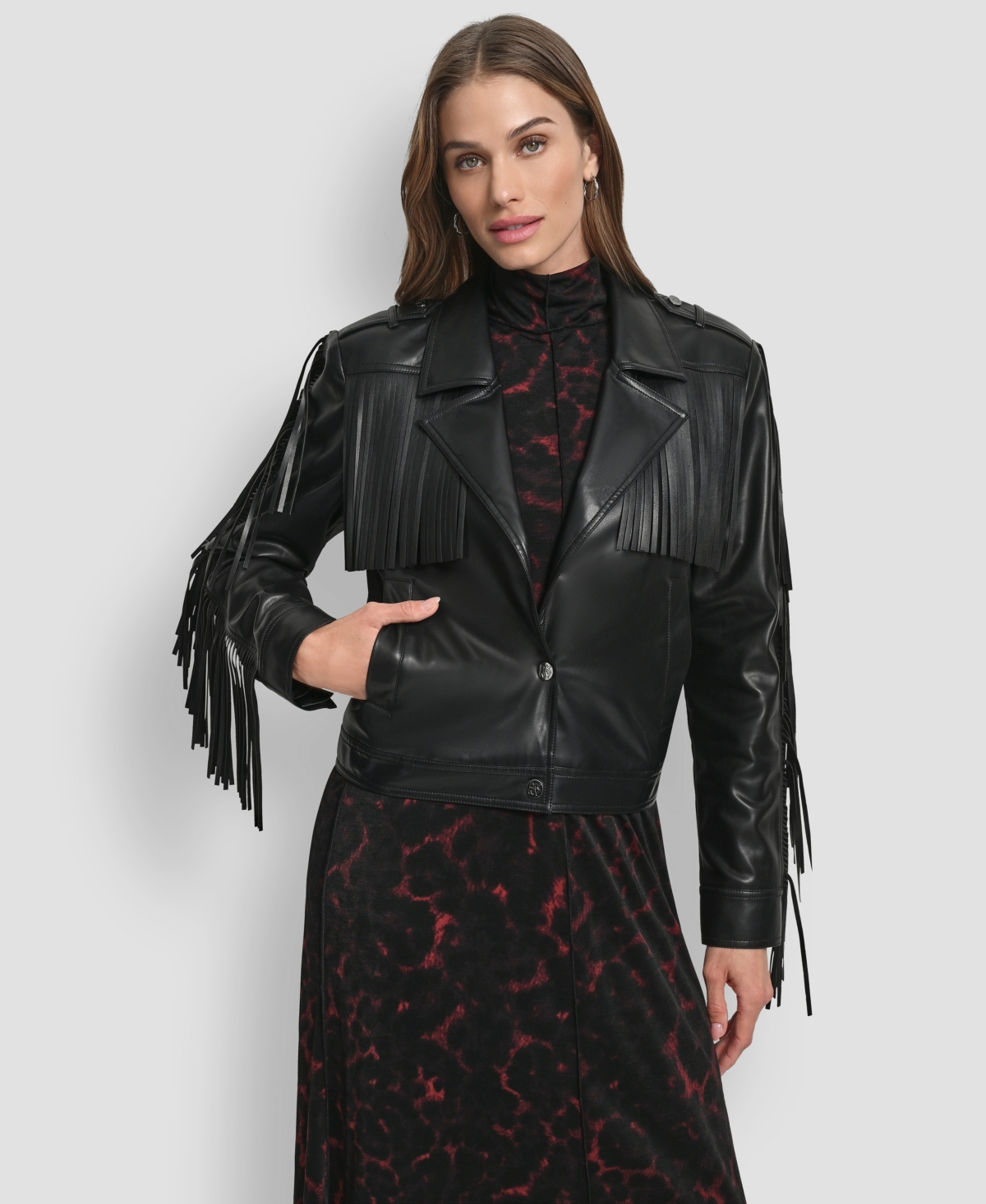 Click here for Dkny Womens Fringe Detail Crop Collared Jacket - B... prices