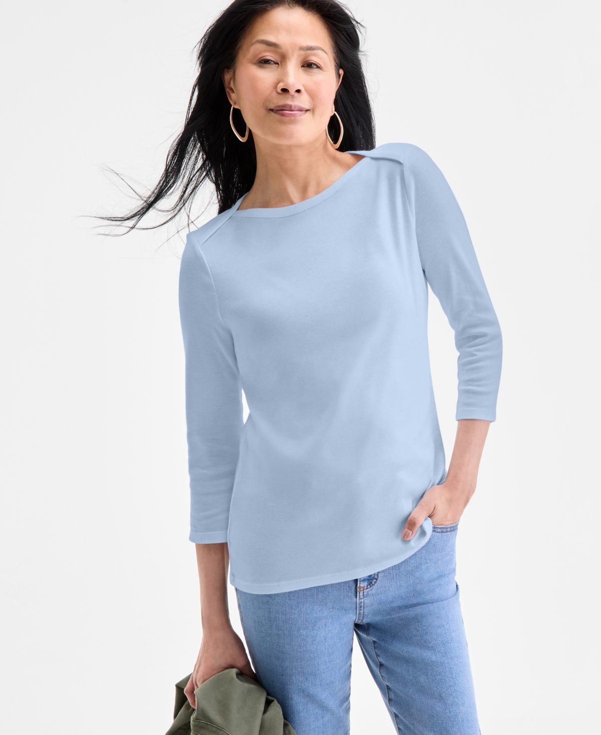 Click here for Style & Co Womens Petite Pima Cotton 3/4-Sleeve Bo... prices