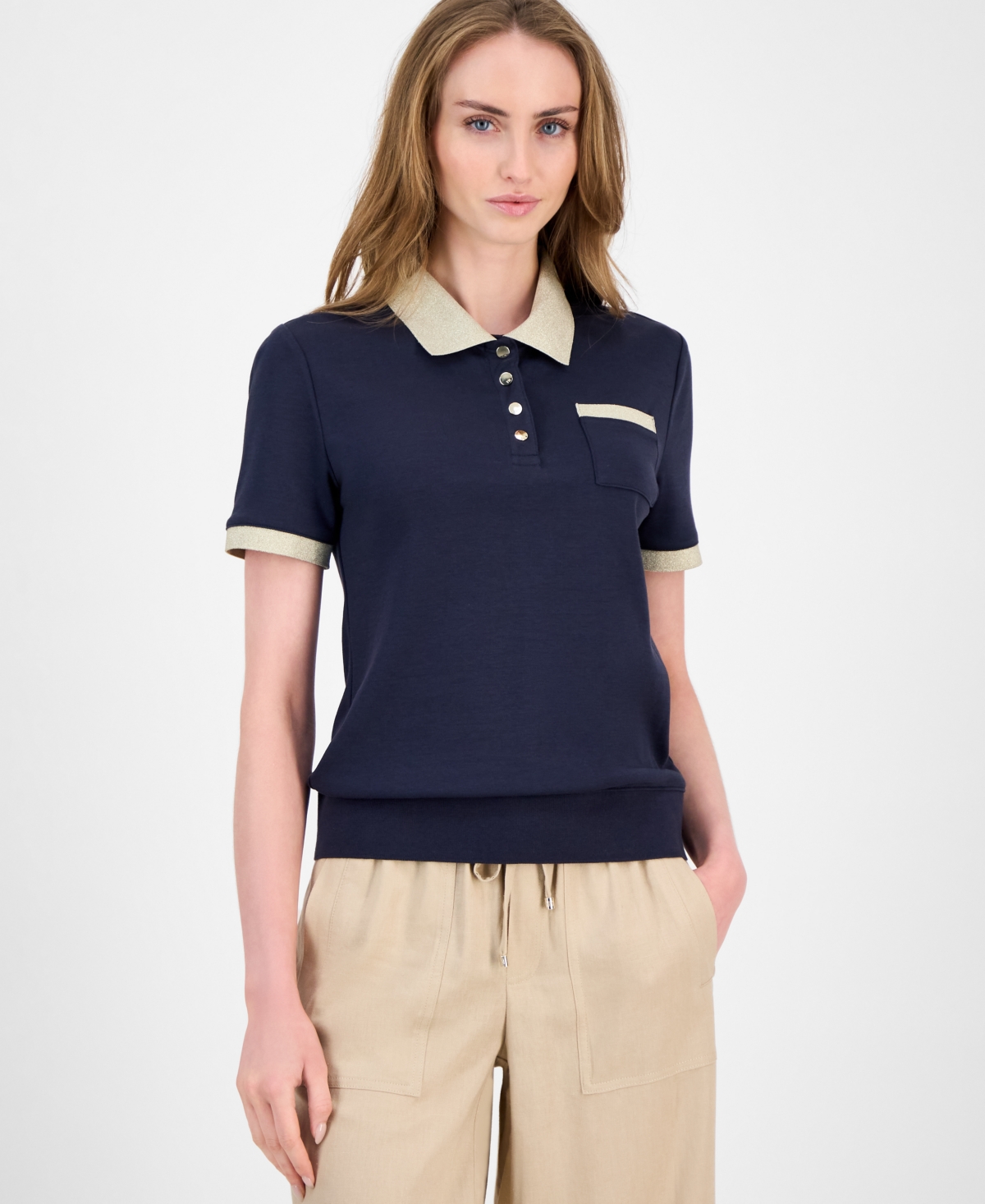 Click here for Tommy Hilfiger Womens Cotton Shine-Collar Polo Top... prices