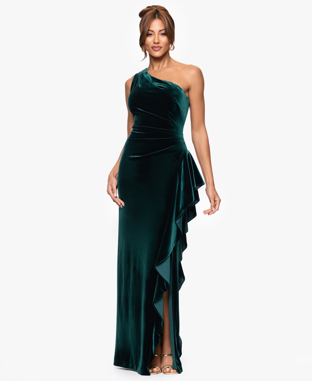 Click here for Xscape Womens One Shoulder Long Ruffle Dress - Hun... prices