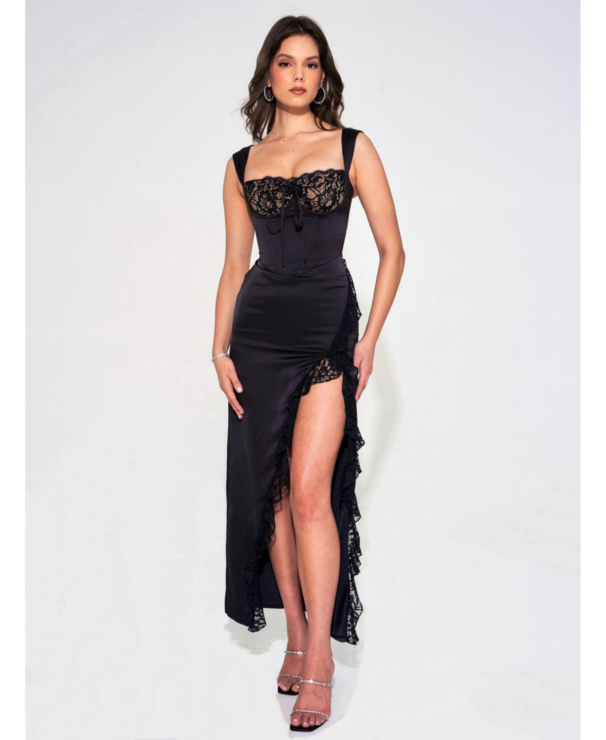 Click here for Miss Circle Womens Freddie Black Lace Satin Maxi C... prices