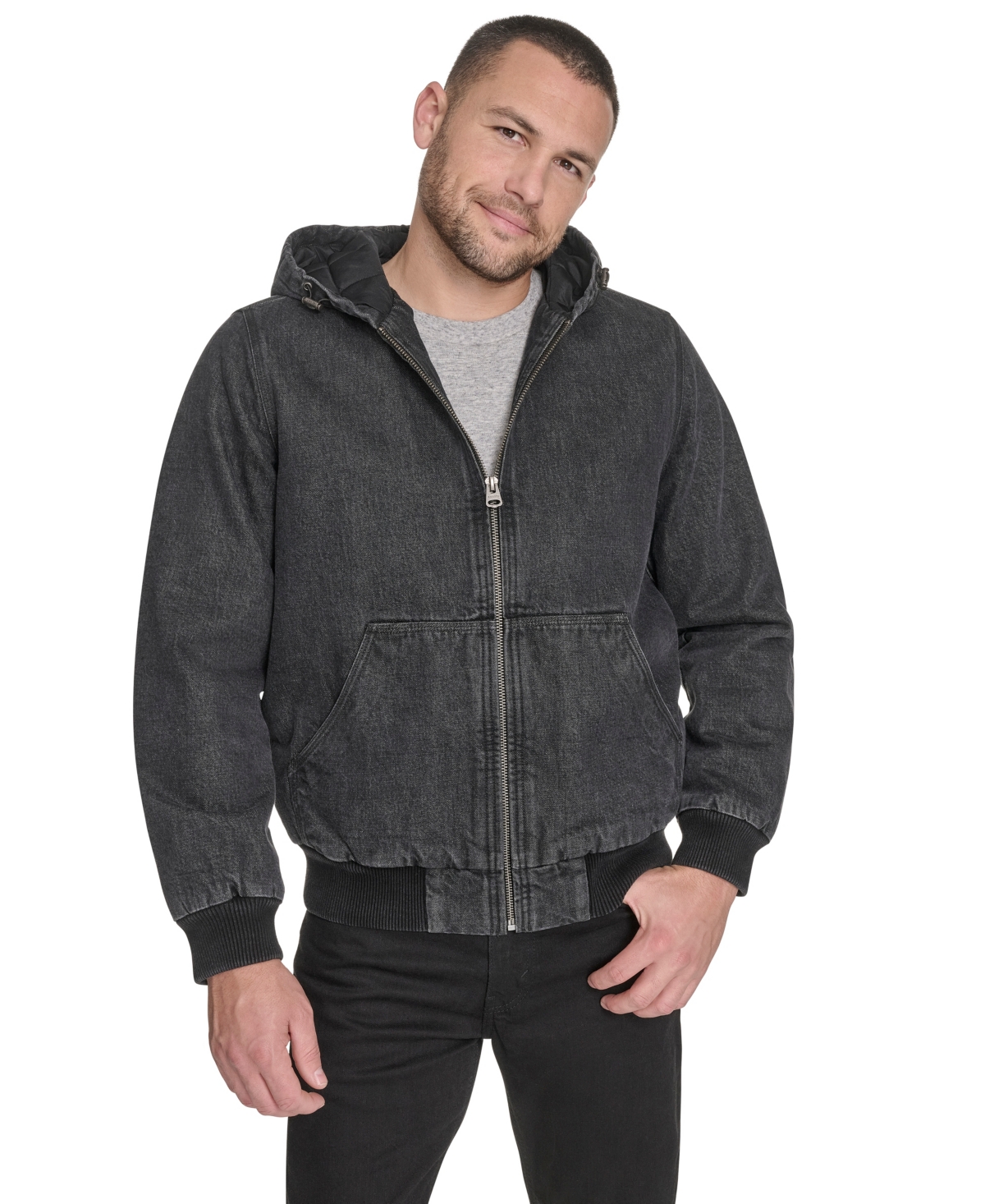 Click here for Levis Mens Hooded Bomber Jacket - Black Denim prices