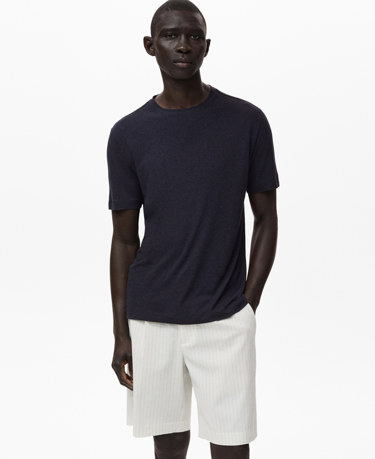 Click here for Mango Mens Linen Slim-Fit T-Shirt - Navy prices