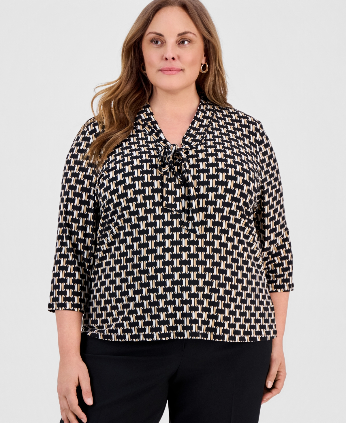 Click here for Kasper Plus Size Tie-Neck 3/4-Sleeve Top - Soft Sa... prices