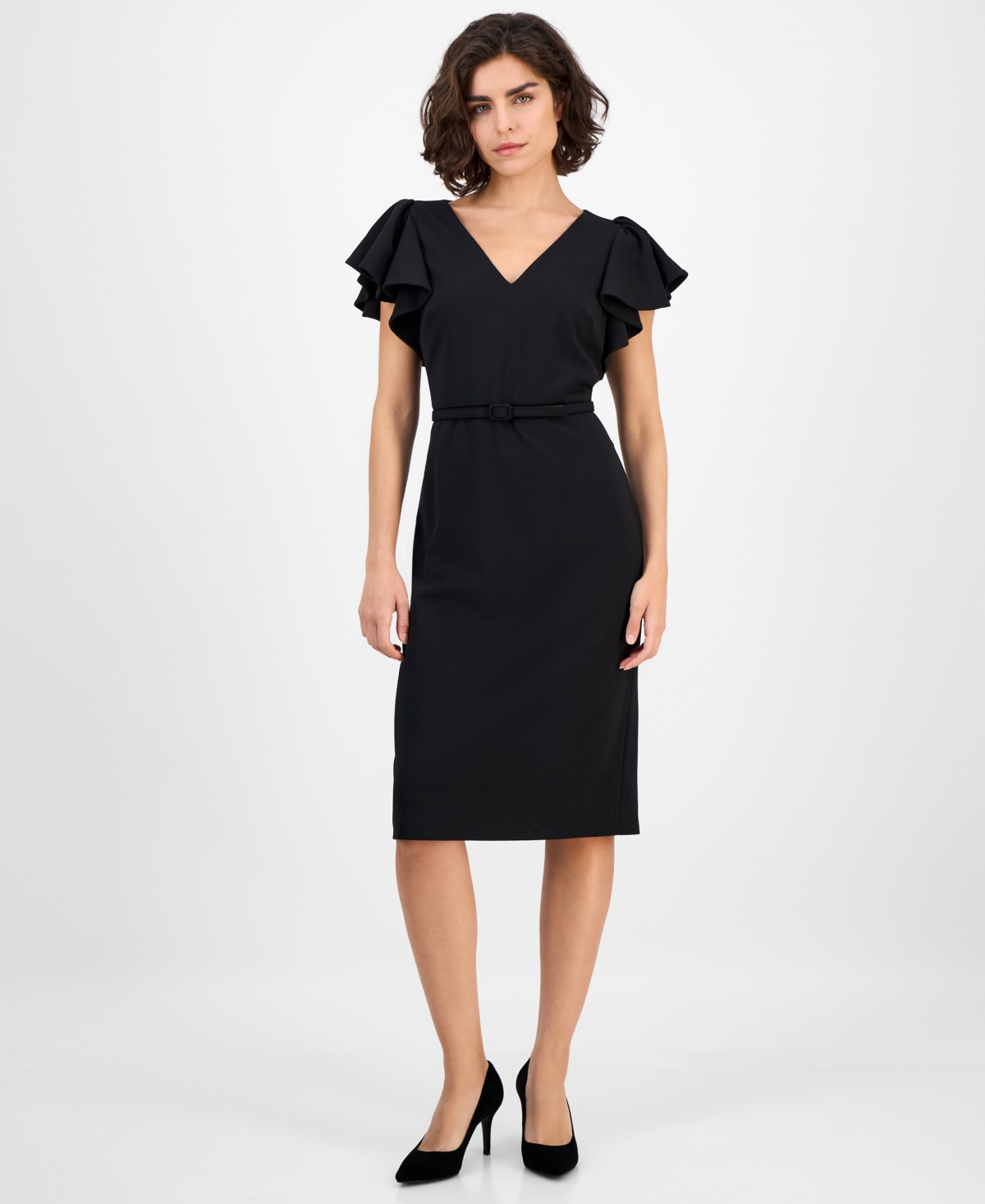 Click here for Anne Klein Womens V-Neck Ruffle-Sleeve Sheath Dres... prices