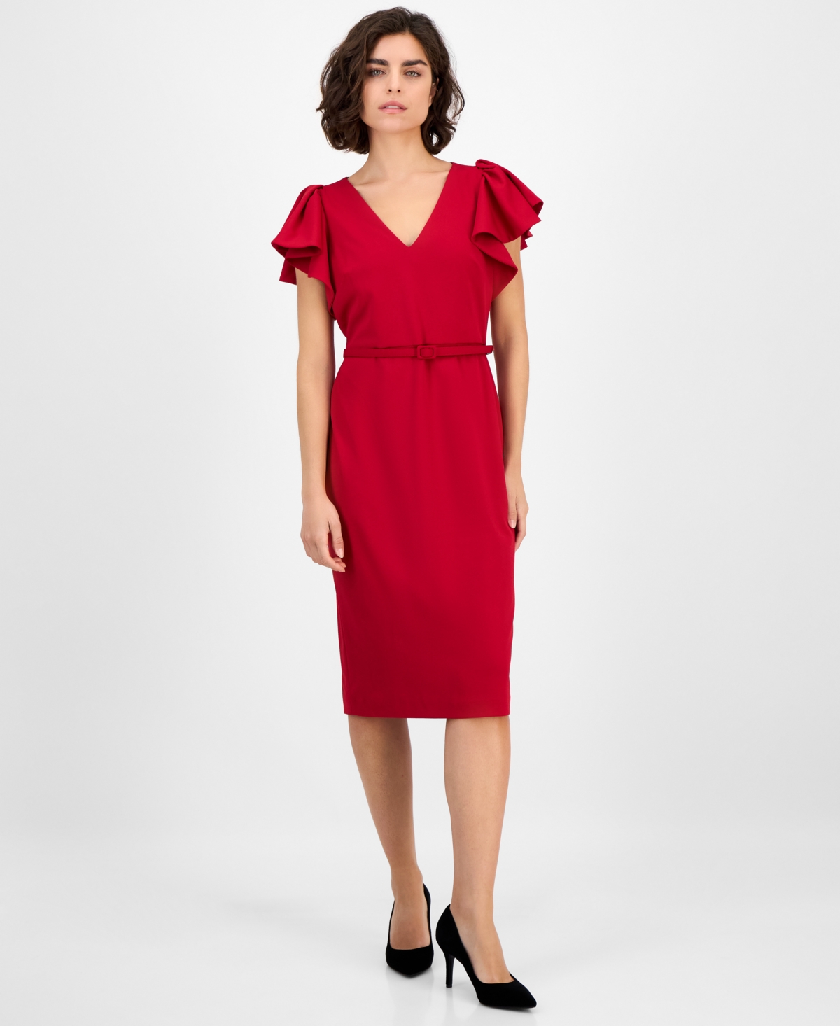 Click here for Anne Klein Womens V-Neck Ruffle-Sleeve Sheath Dres... prices