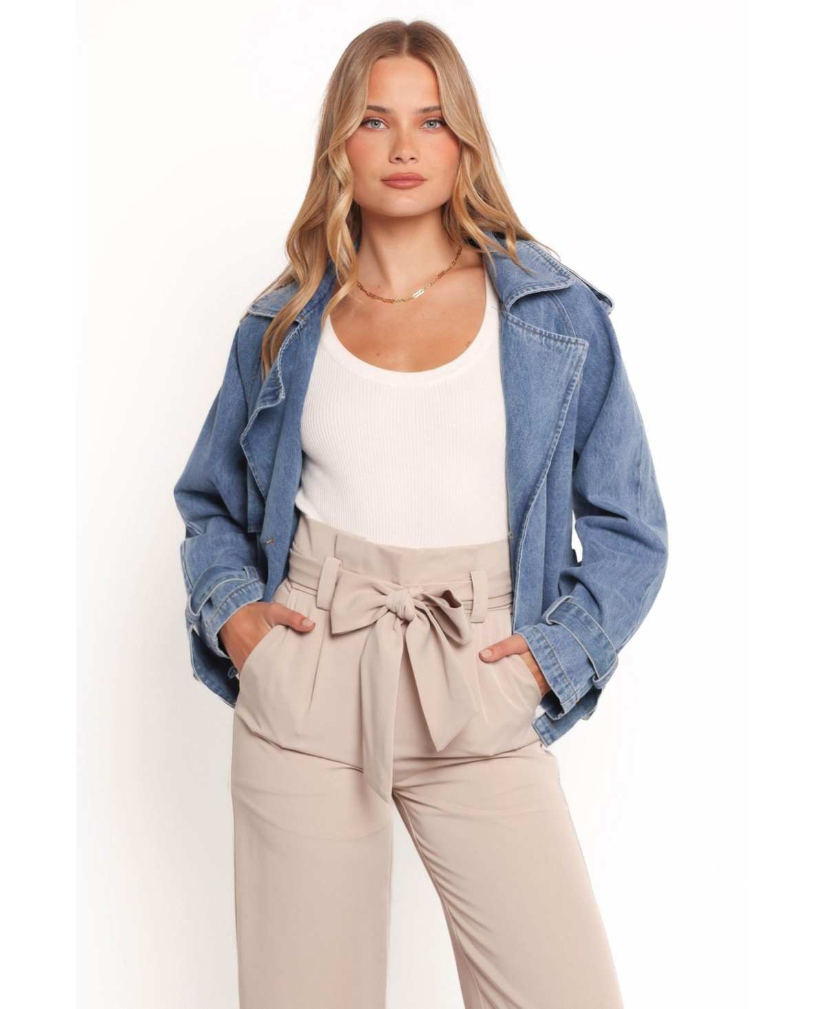 Click here for Petal and Pup Westwood Waist Tie Denim Jacket - De... prices