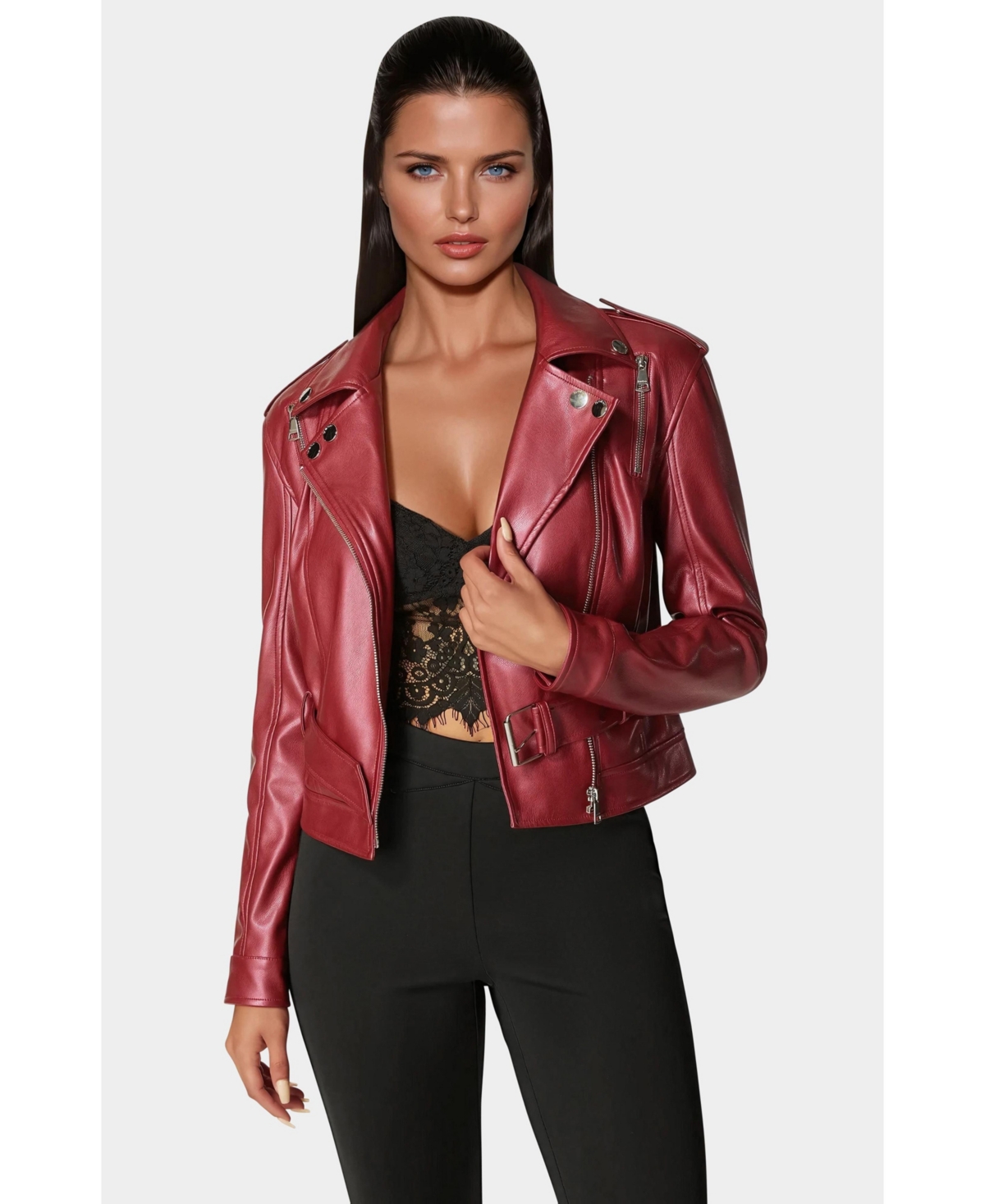 Click here for Bebe Womens Metallic Faux Leather Moto Jacket - Re... prices