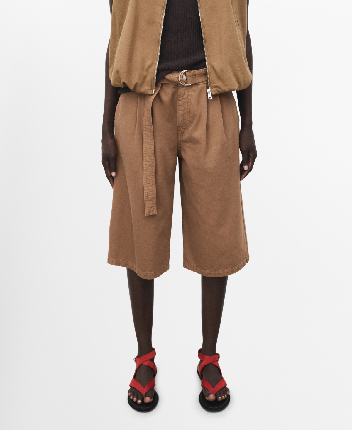 Click here for Mango Womens Belted Denim Jorts - Brown prices